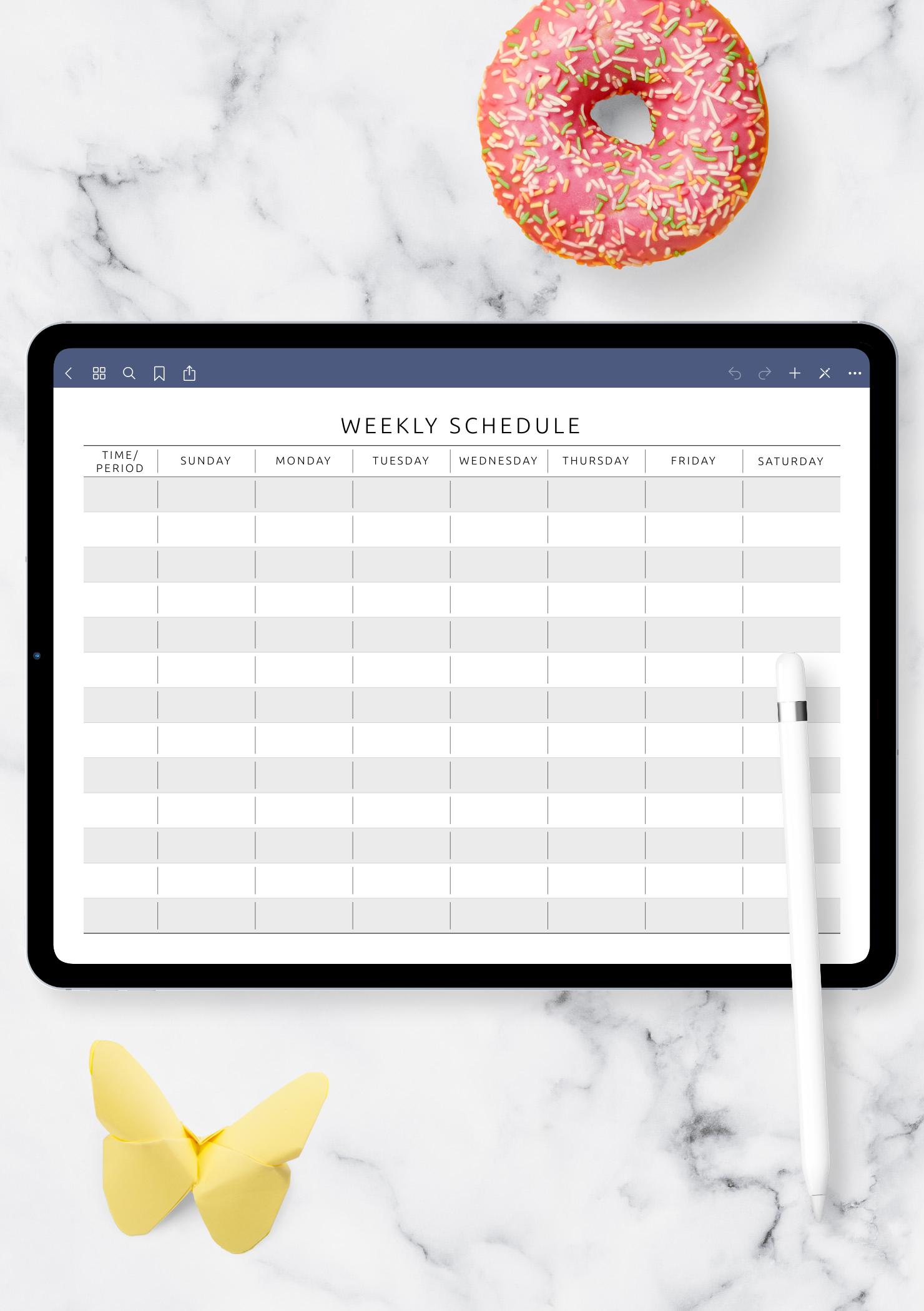 Download Printable Weekly Schedule Template - Landscape View PDF