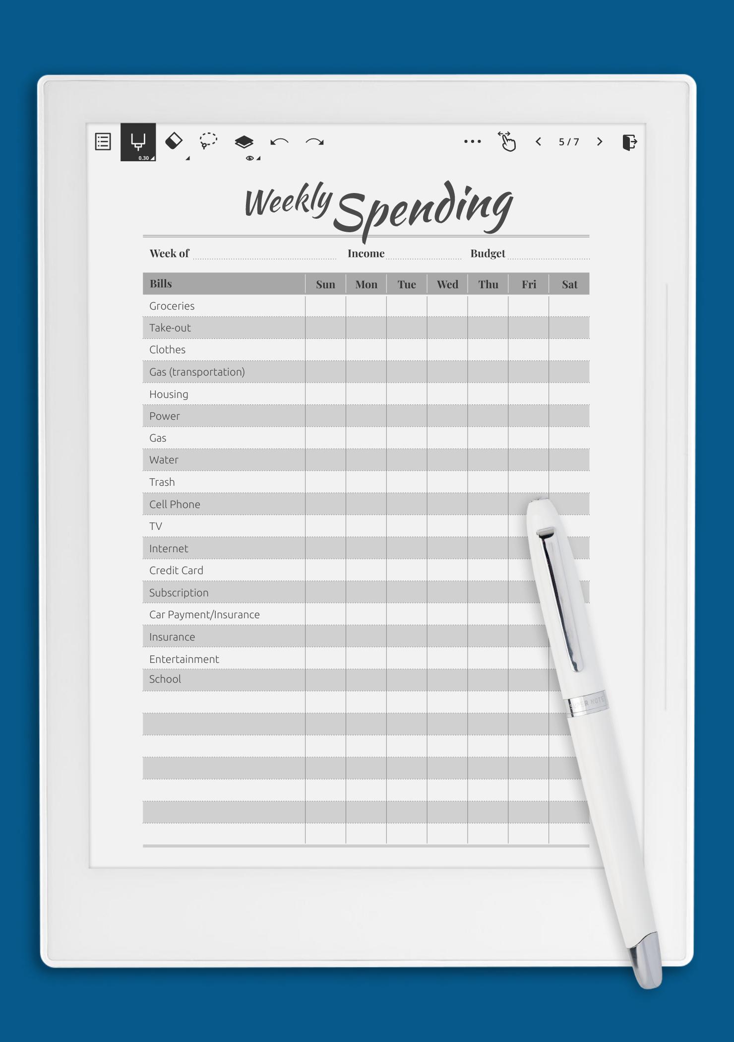 Download Printable Weekly Spending PDF