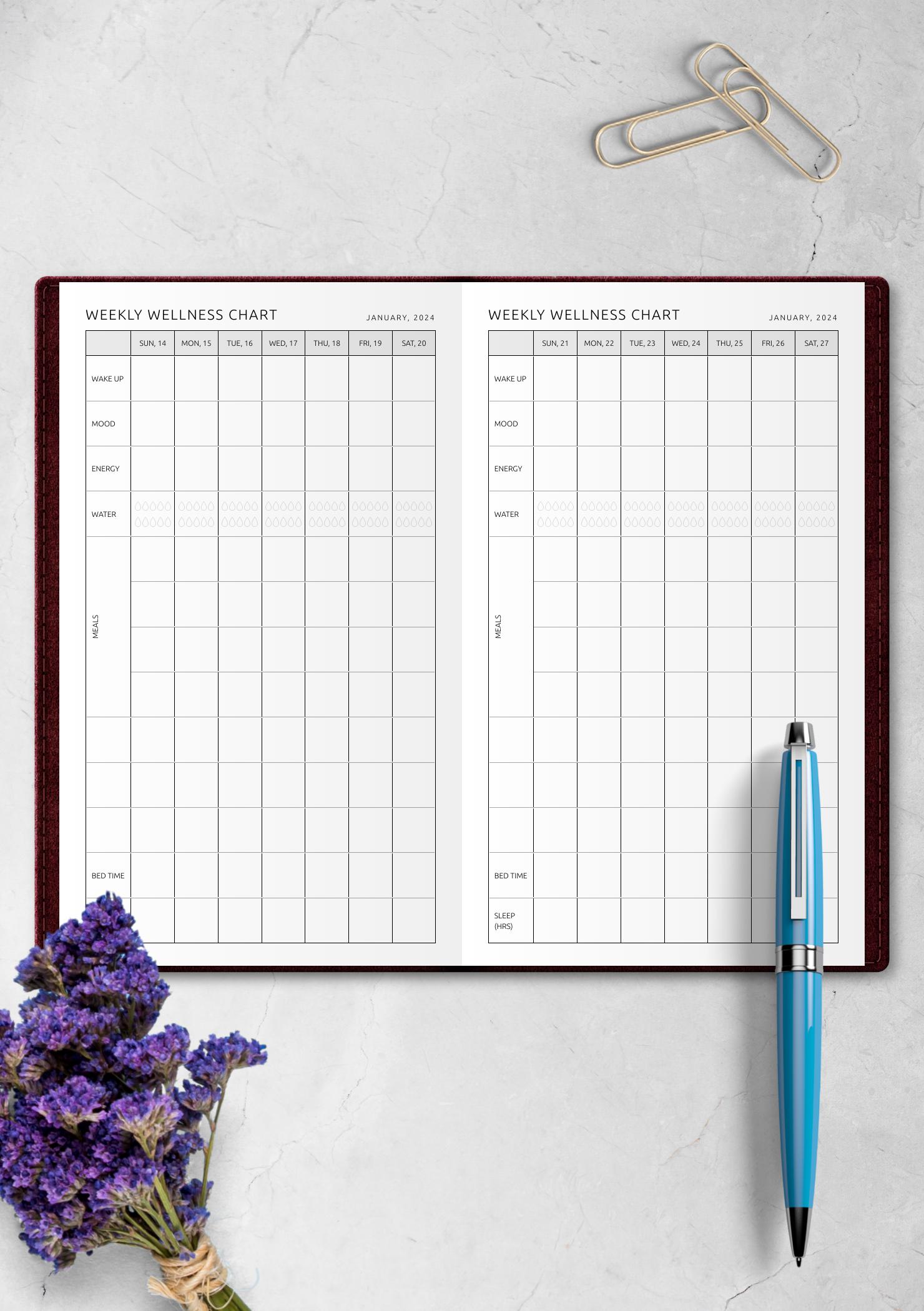 Download Printable Weekly Wellness Chart Template PDF
