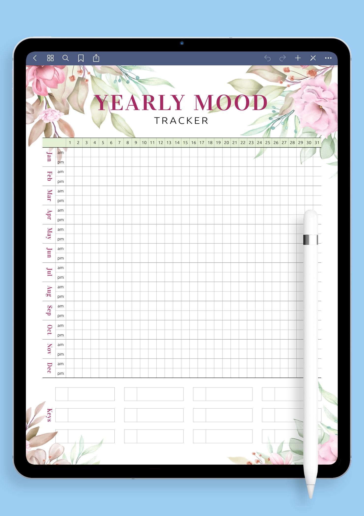 Download Printable Yearly Mood Tracker Template - Floral PDF