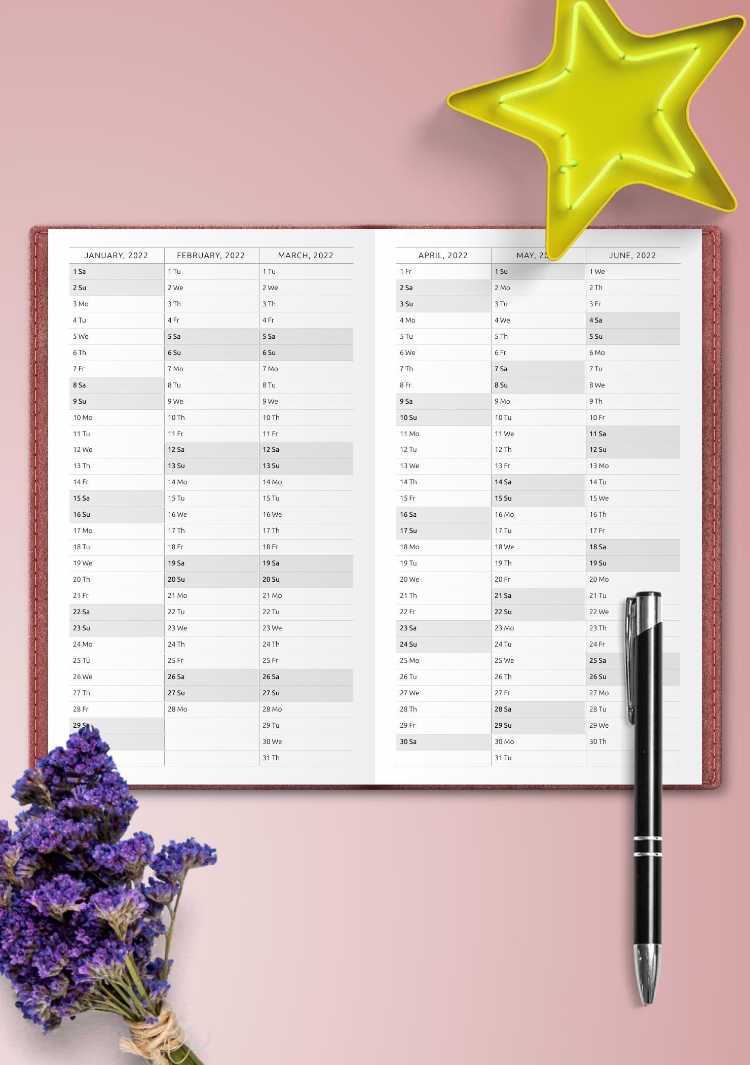 Download Printable Yearly Vertical Calendar on Four Pages PDF