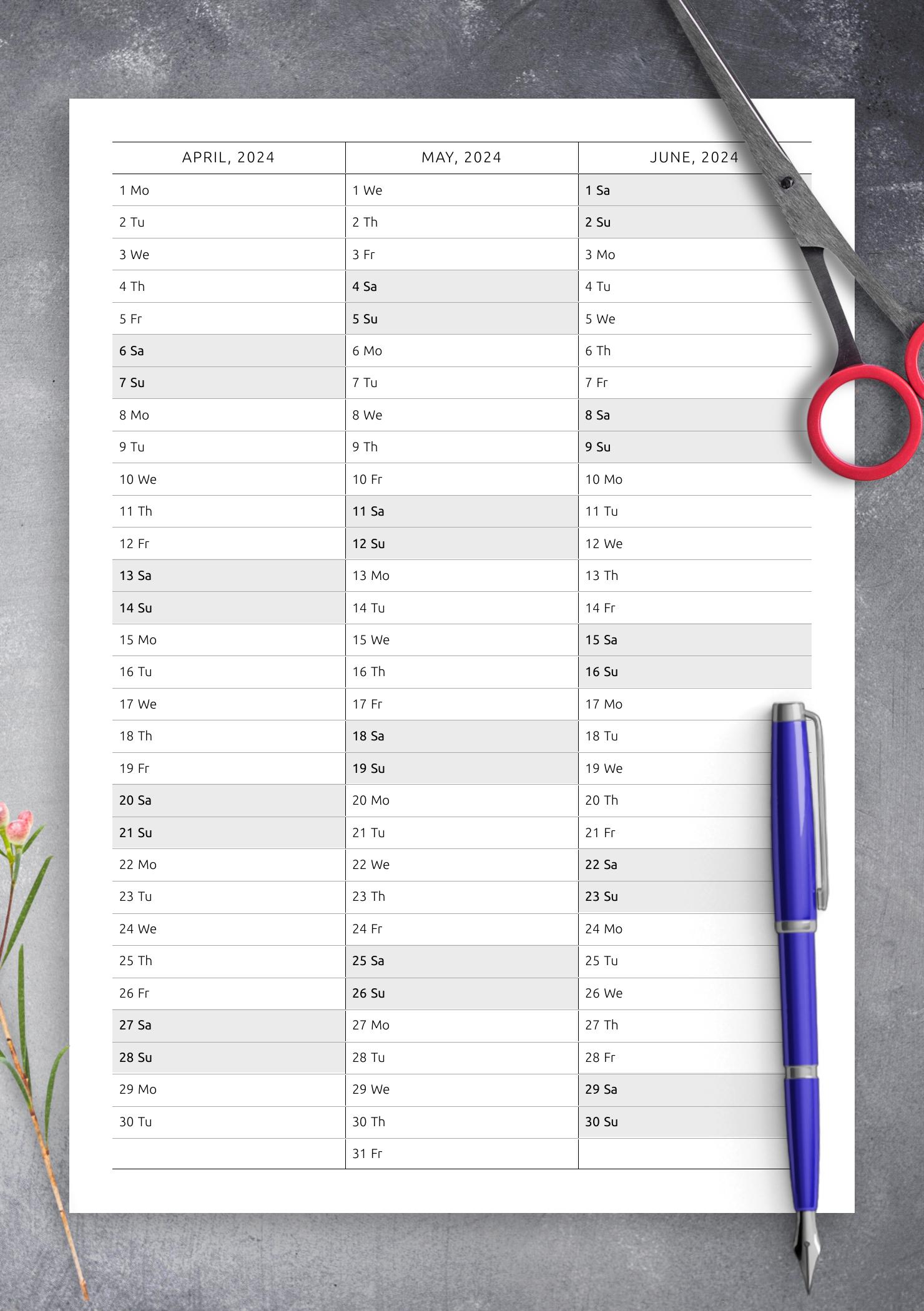 Download Printable Yearly Vertical Calendar on Four Pages PDF