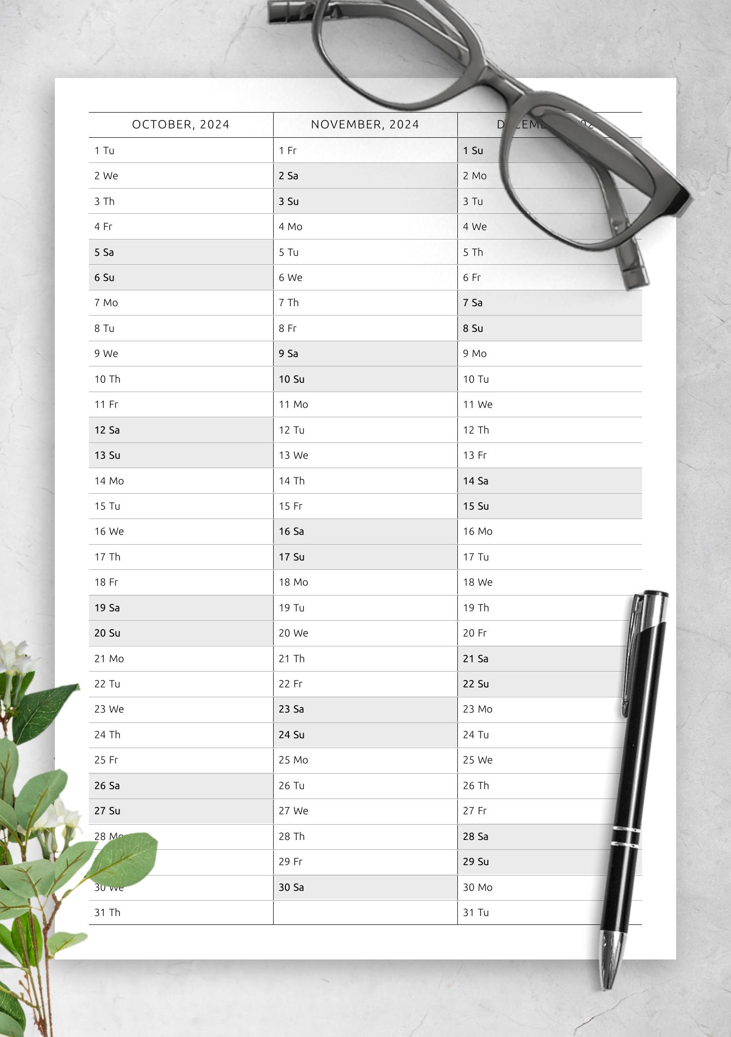 Download Printable Yearly Vertical Calendar on Four Pages PDF