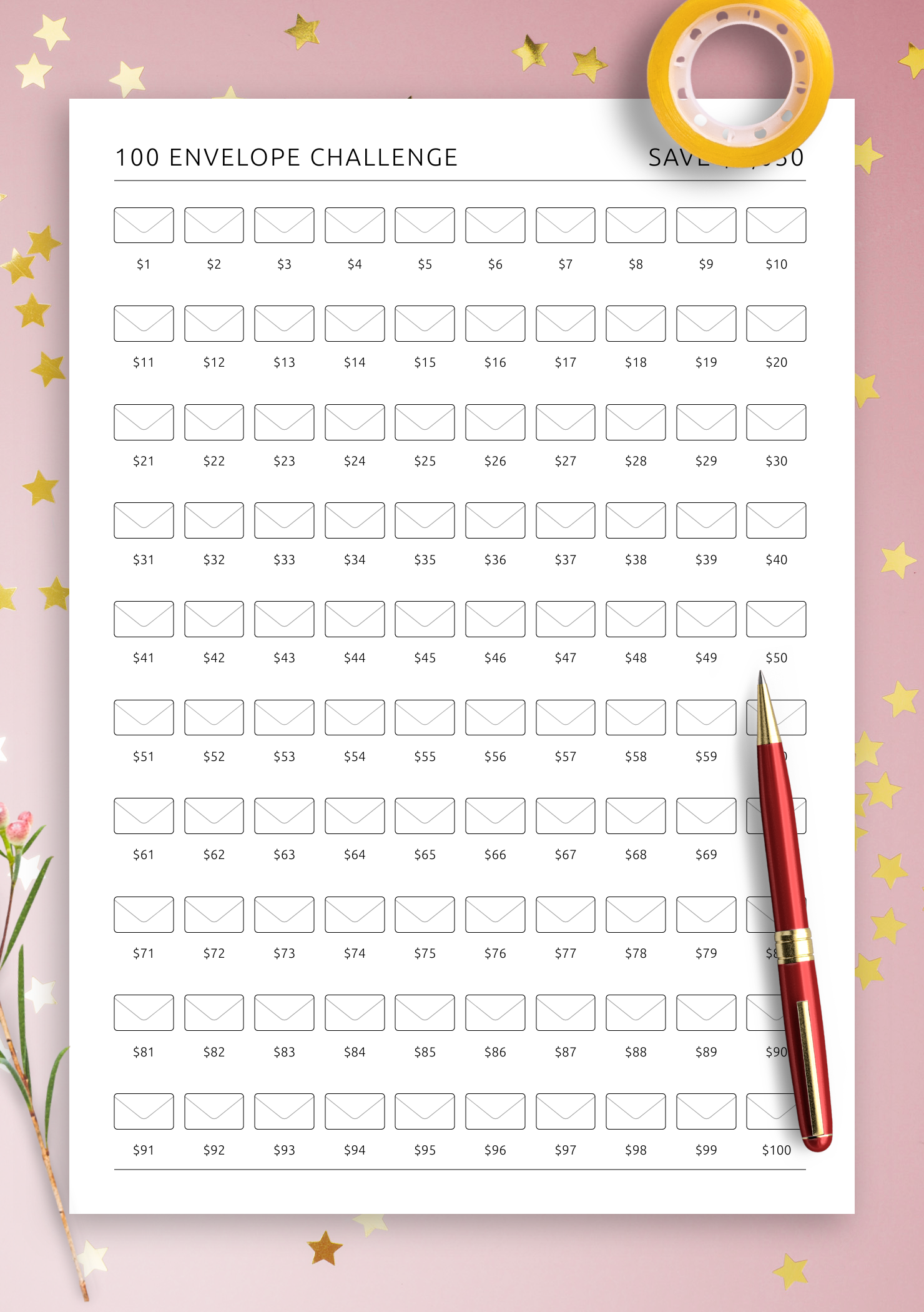 Get 100 Envelope Challenge Template: Printable or Digital PDF for ...