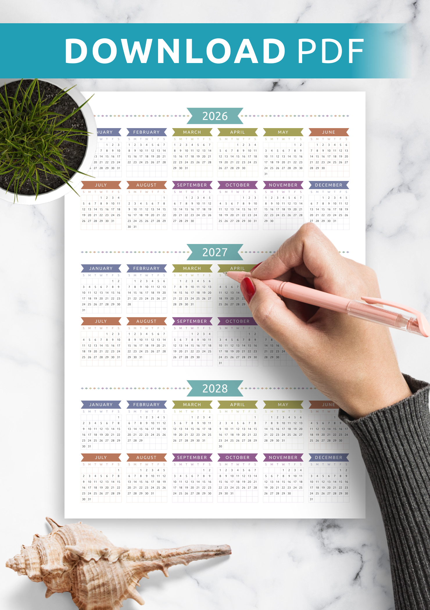 Download Printable 3-year Calendar Template - Casual Style PDF