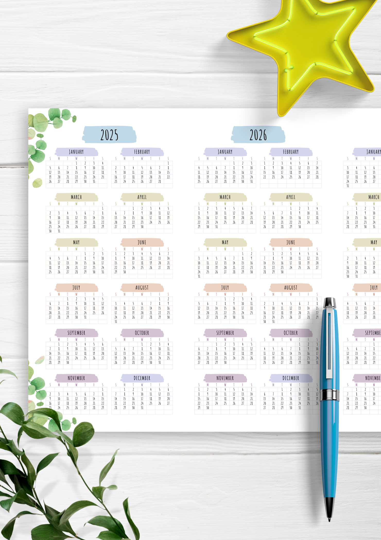 Download Printable 3-year Calendar Template - Floral Style - Landscape ...