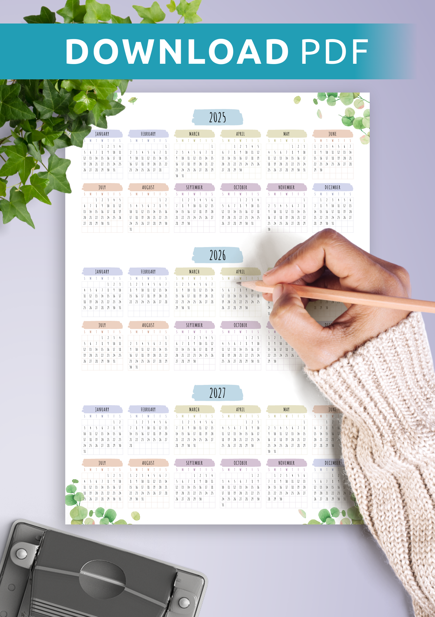 Download Printable 3-year Calendar Template - Floral Style PDF