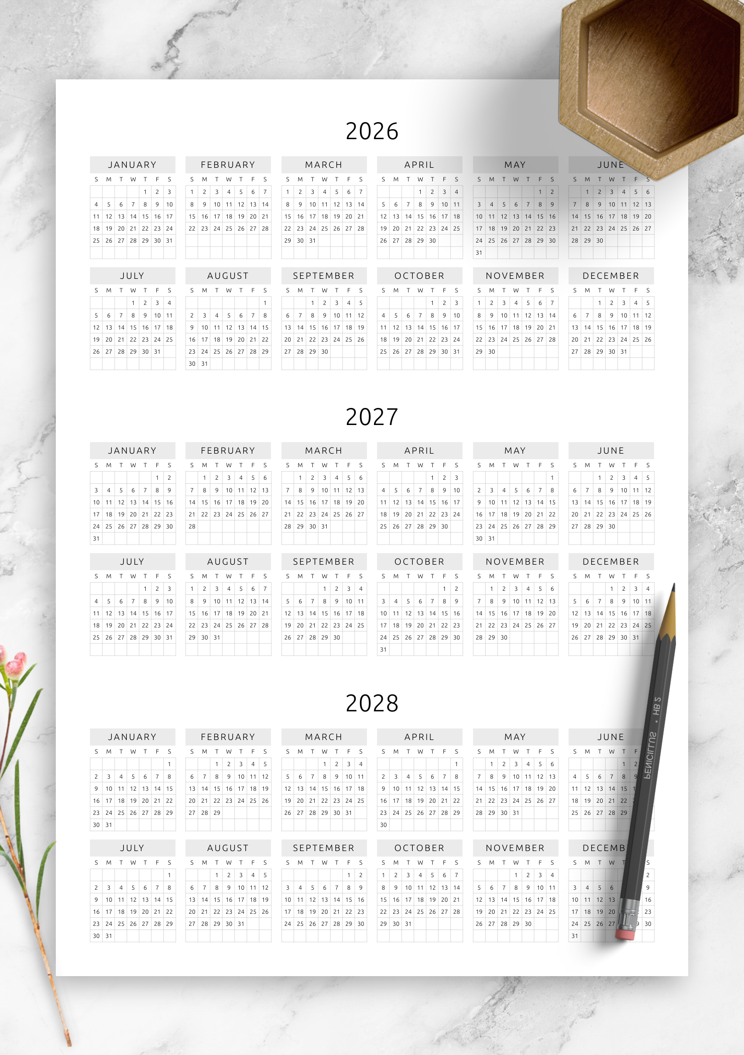 Download Printable 3-year Calendar Template - Original Style PDF