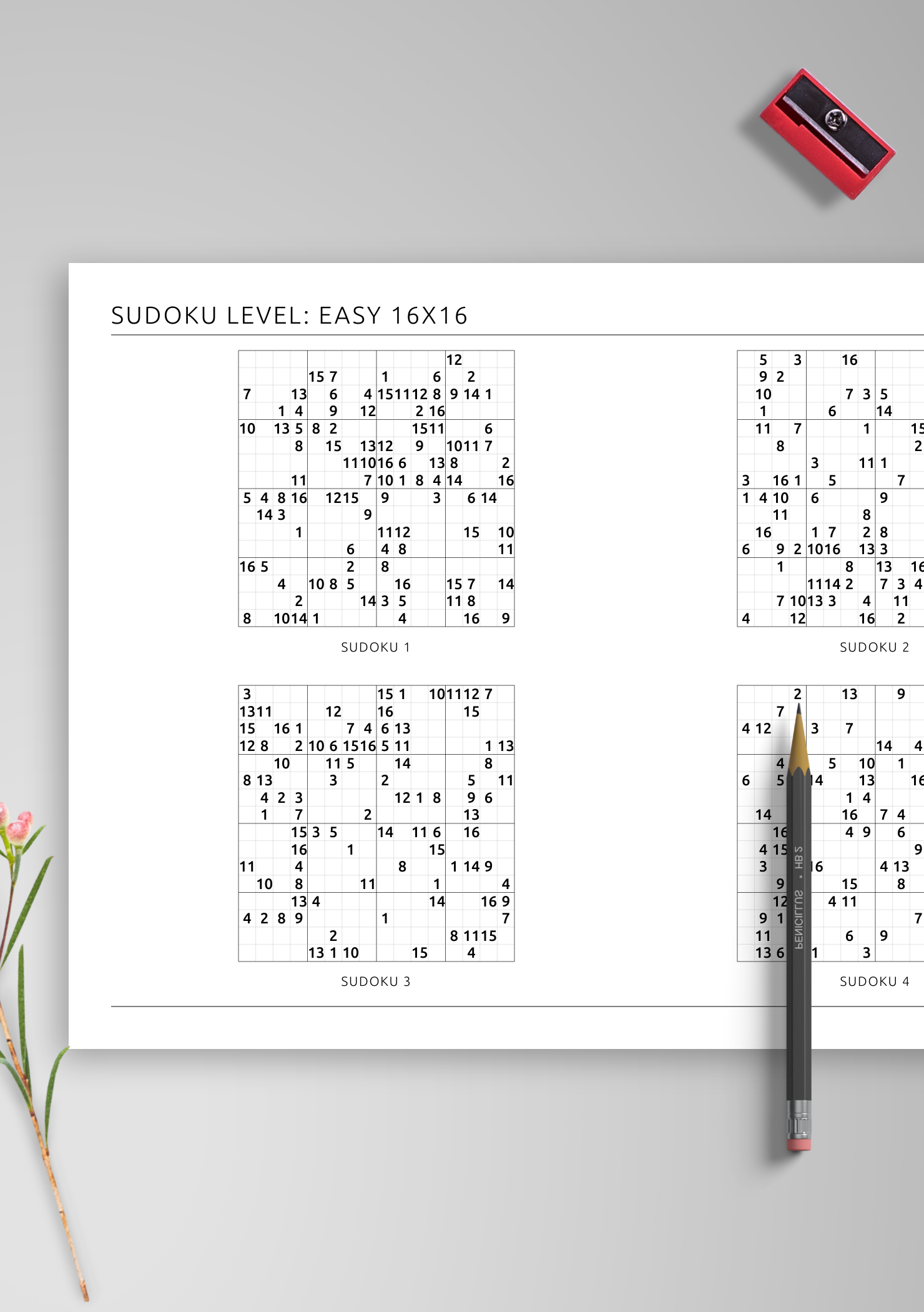 Download Printable 16x16 Easy Sudoku – Horizontal (4 On Page) PDF