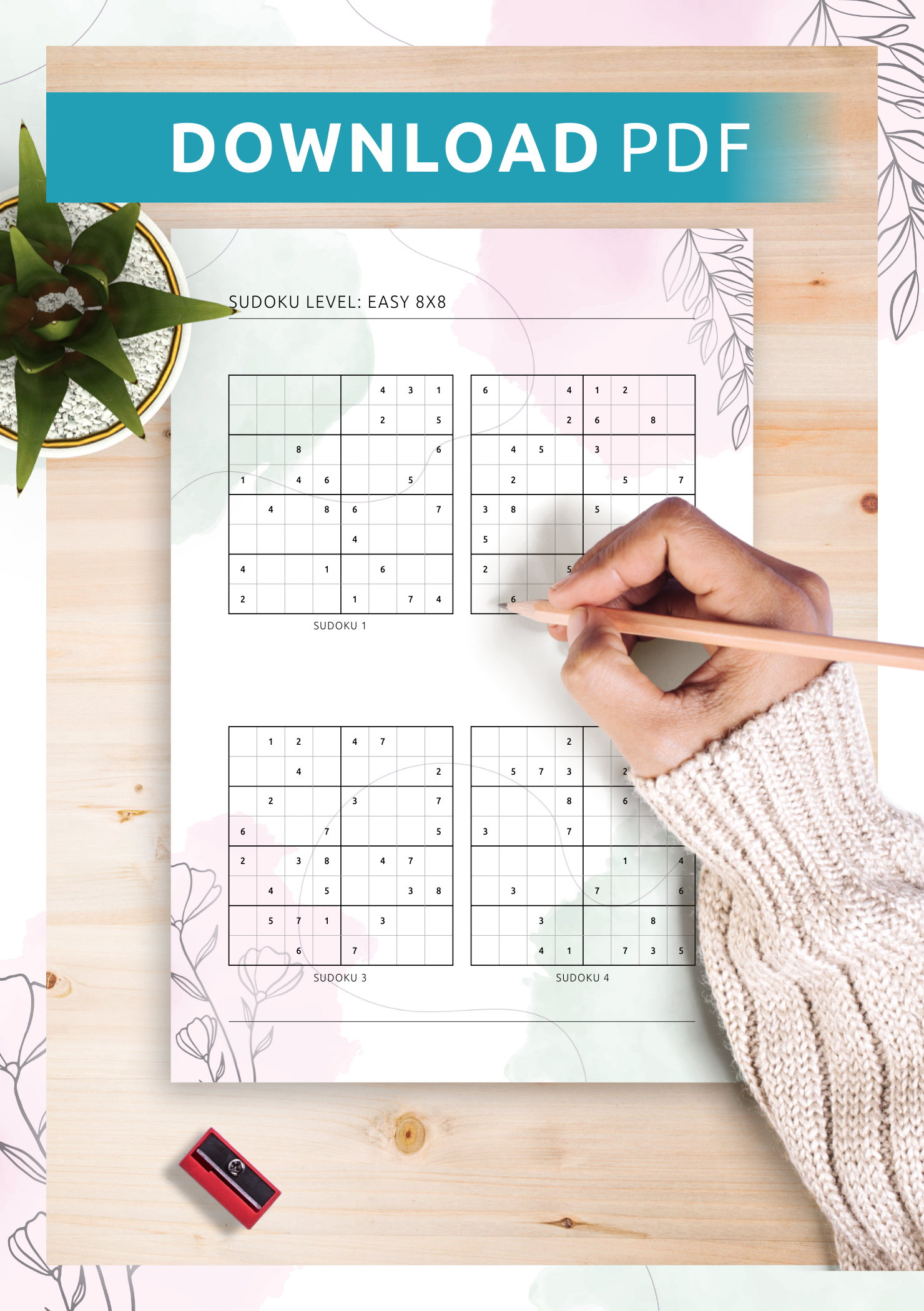 Download Printable 8x8 Easy Sudoku – Vertical (4 On Page) PDF