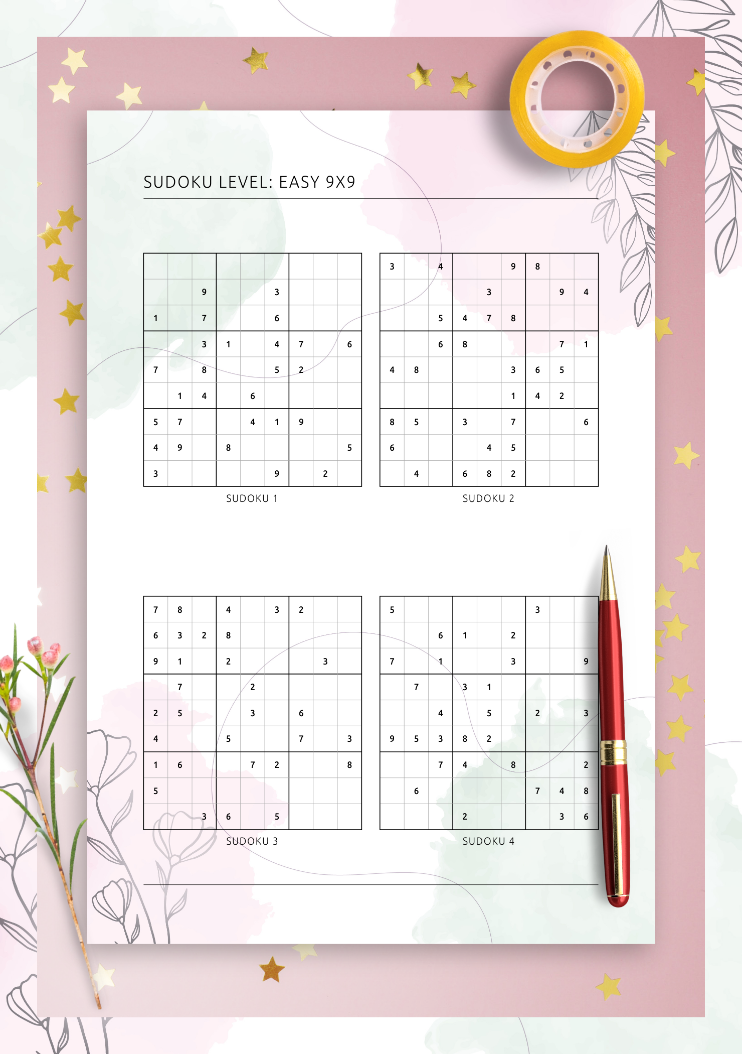 Download Printable 9x9 Easy Sudoku – Vertical (4 On Page) PDF