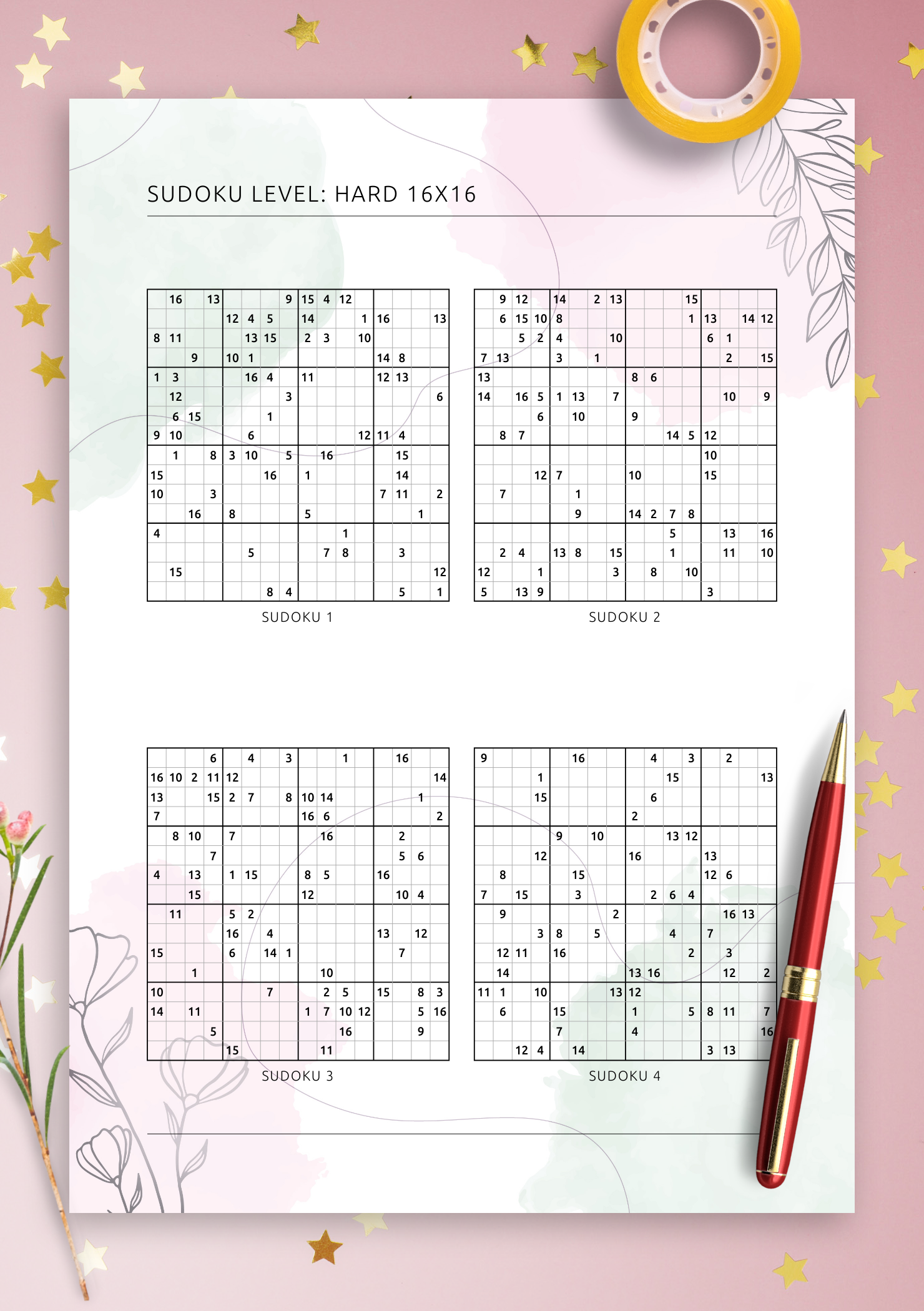 Download Printable 16x16 Hard Sudoku – Vertical (4 On Page) PDF