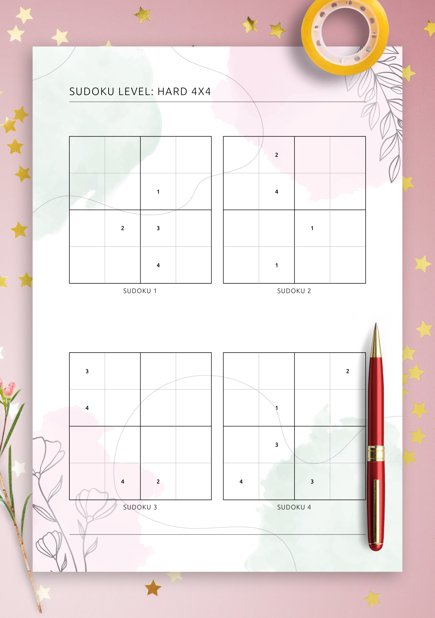 Download Printable 4x4 Hard Sudoku - Vertical (4 On Page) PDF