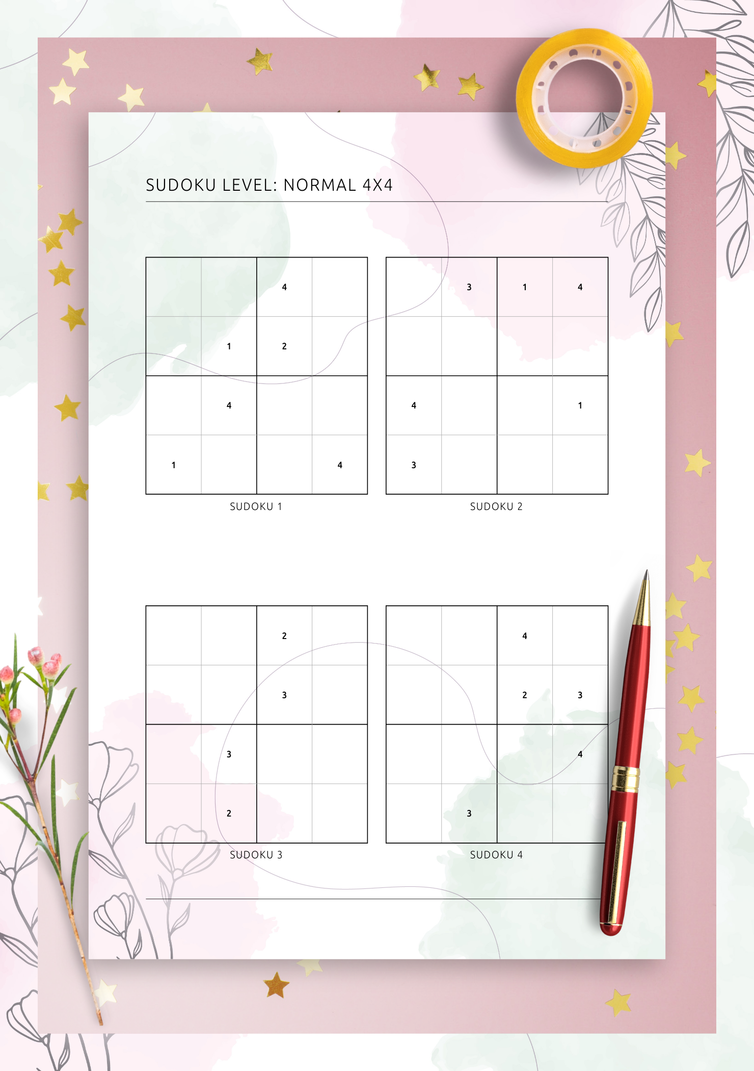Download Printable 4x4 Medium Sudoku - Vertical (4 On Page) PDF