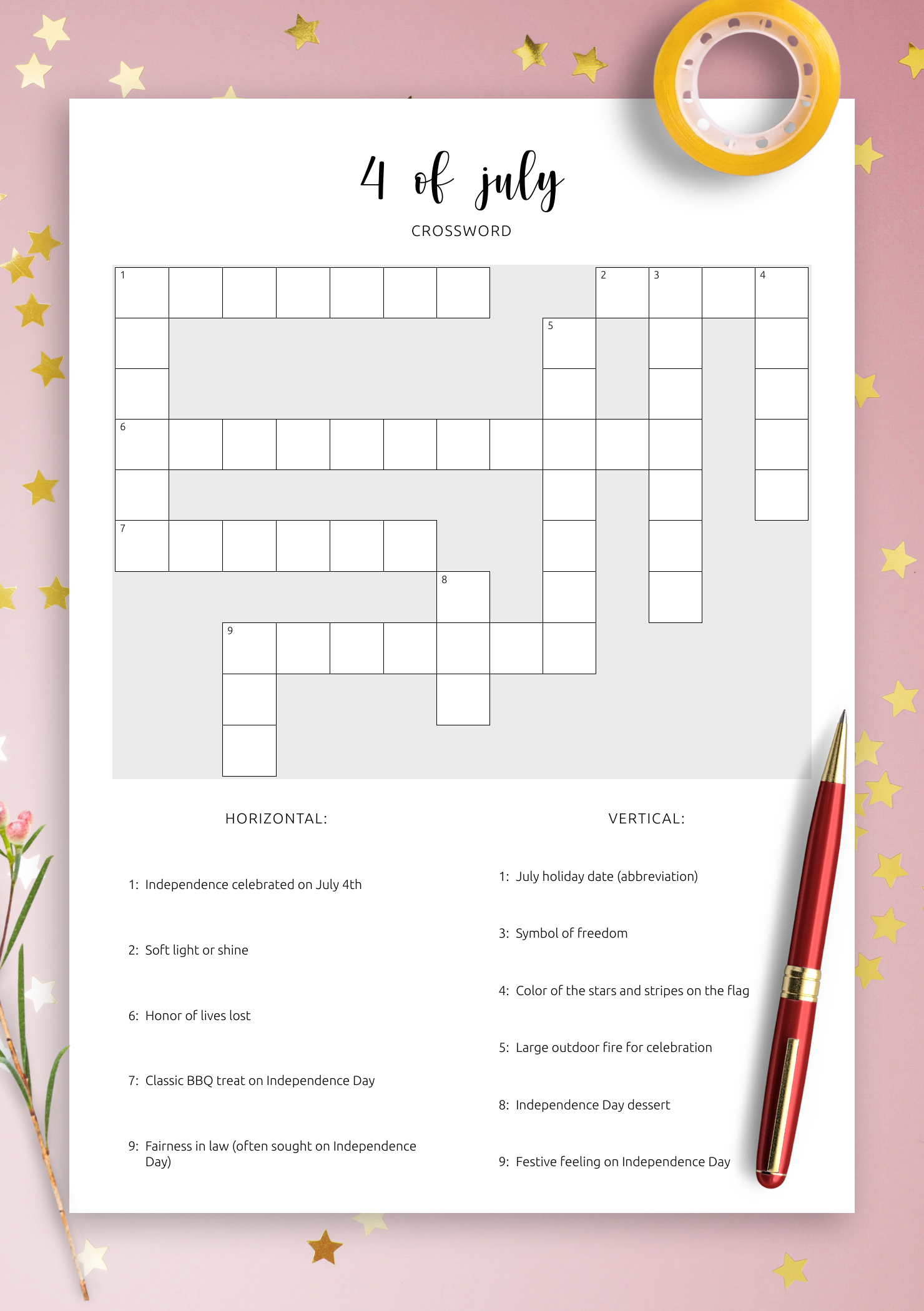 Download Printable 4th of July Crossword PDF – Independence Day Fun