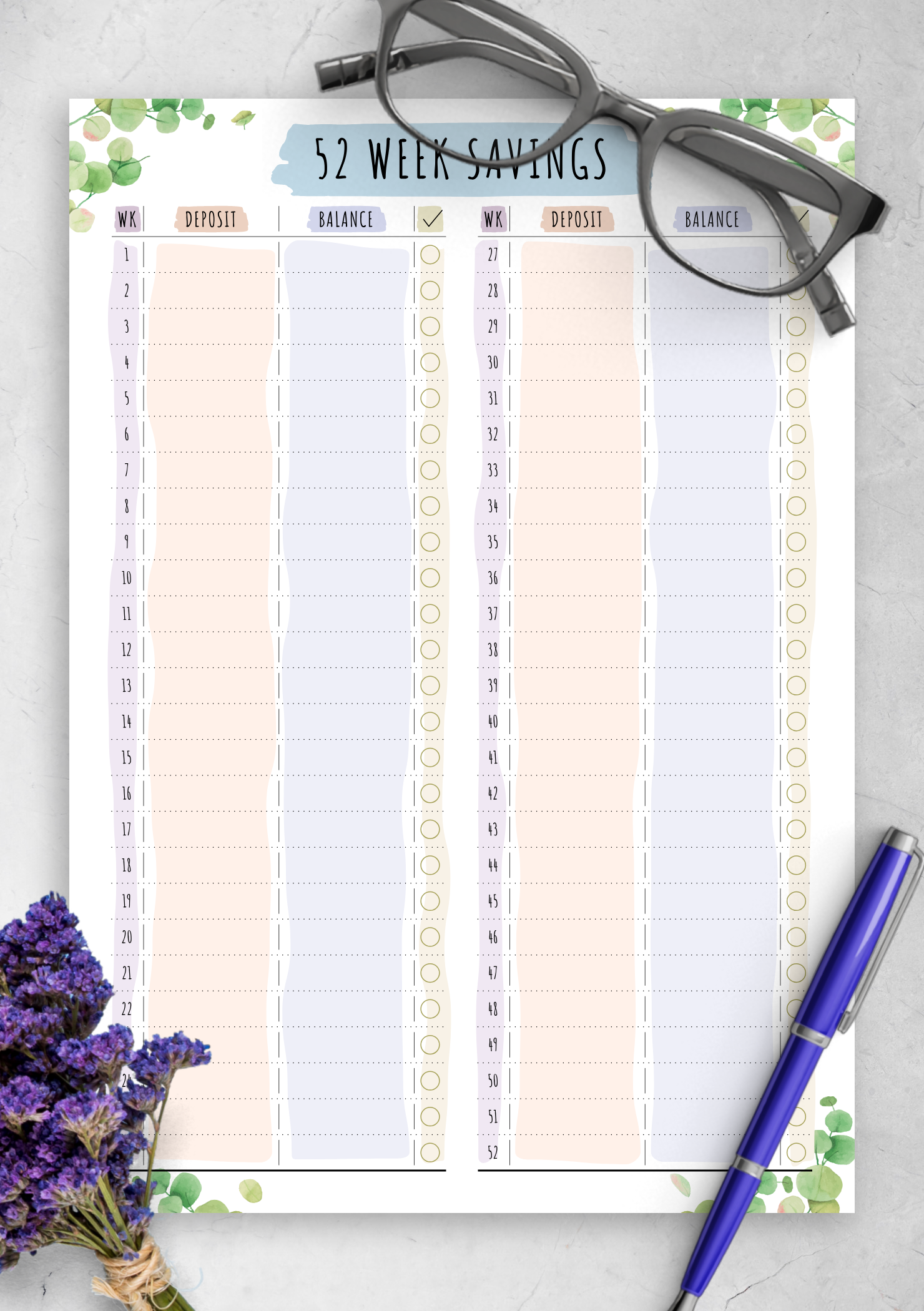 Download Printable 52 Week Savings - Floral Style PDF