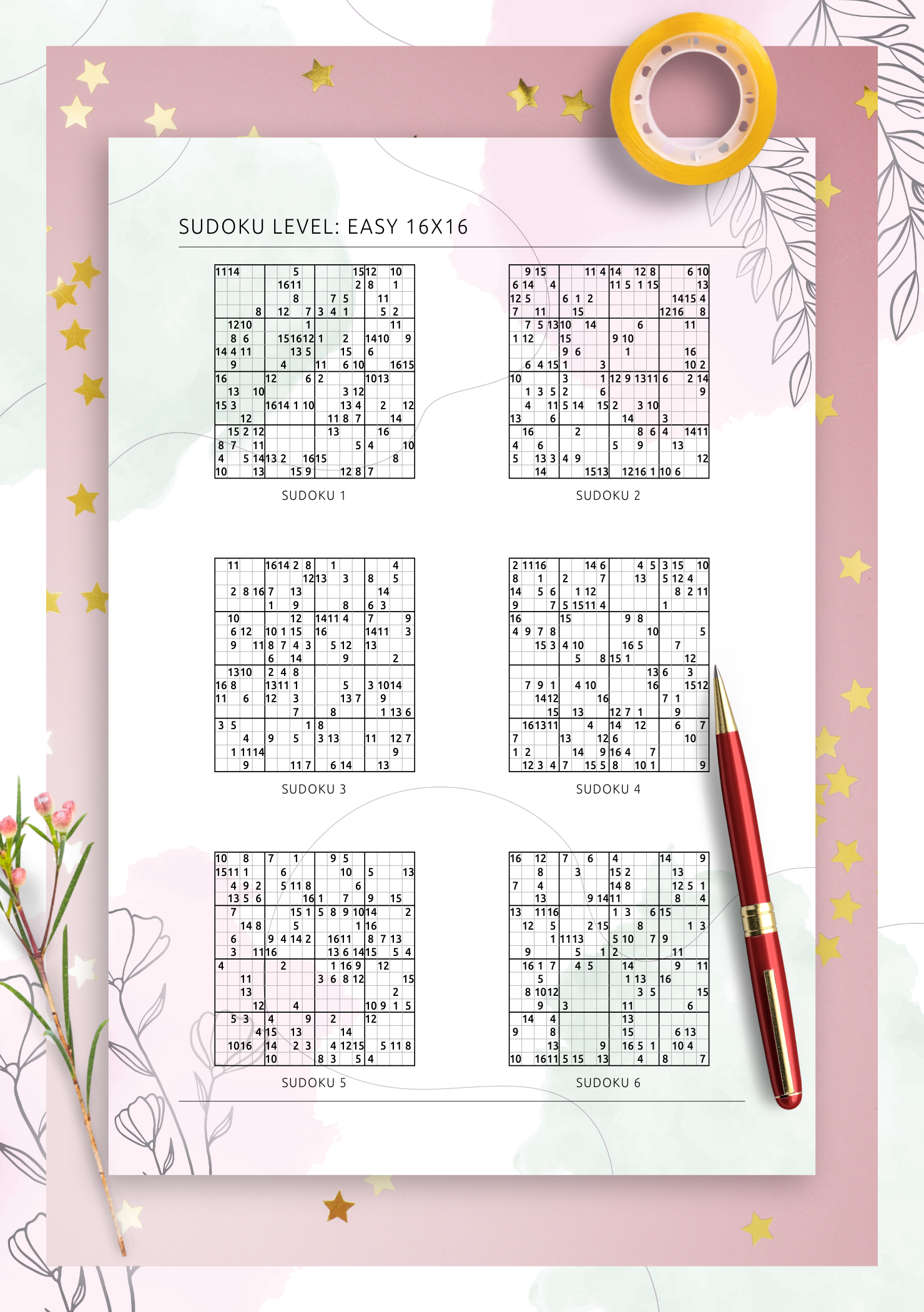 Download Printable 16x16 Easy Sudoku – Vertical (6 On Page) PDF