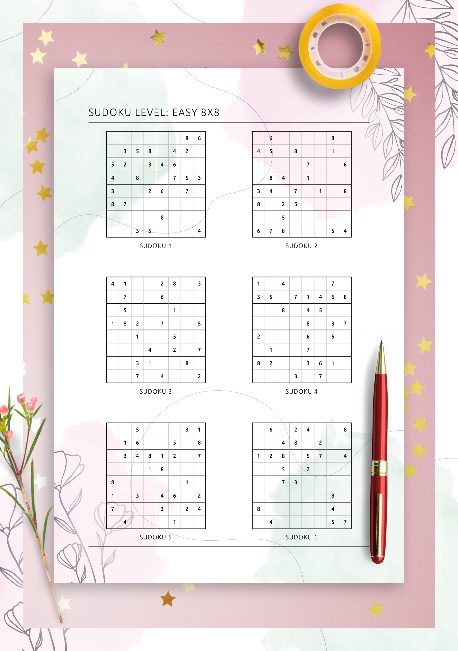 Download Printable 8x8 Easy Sudoku – Vertical (6 On Page) PDF