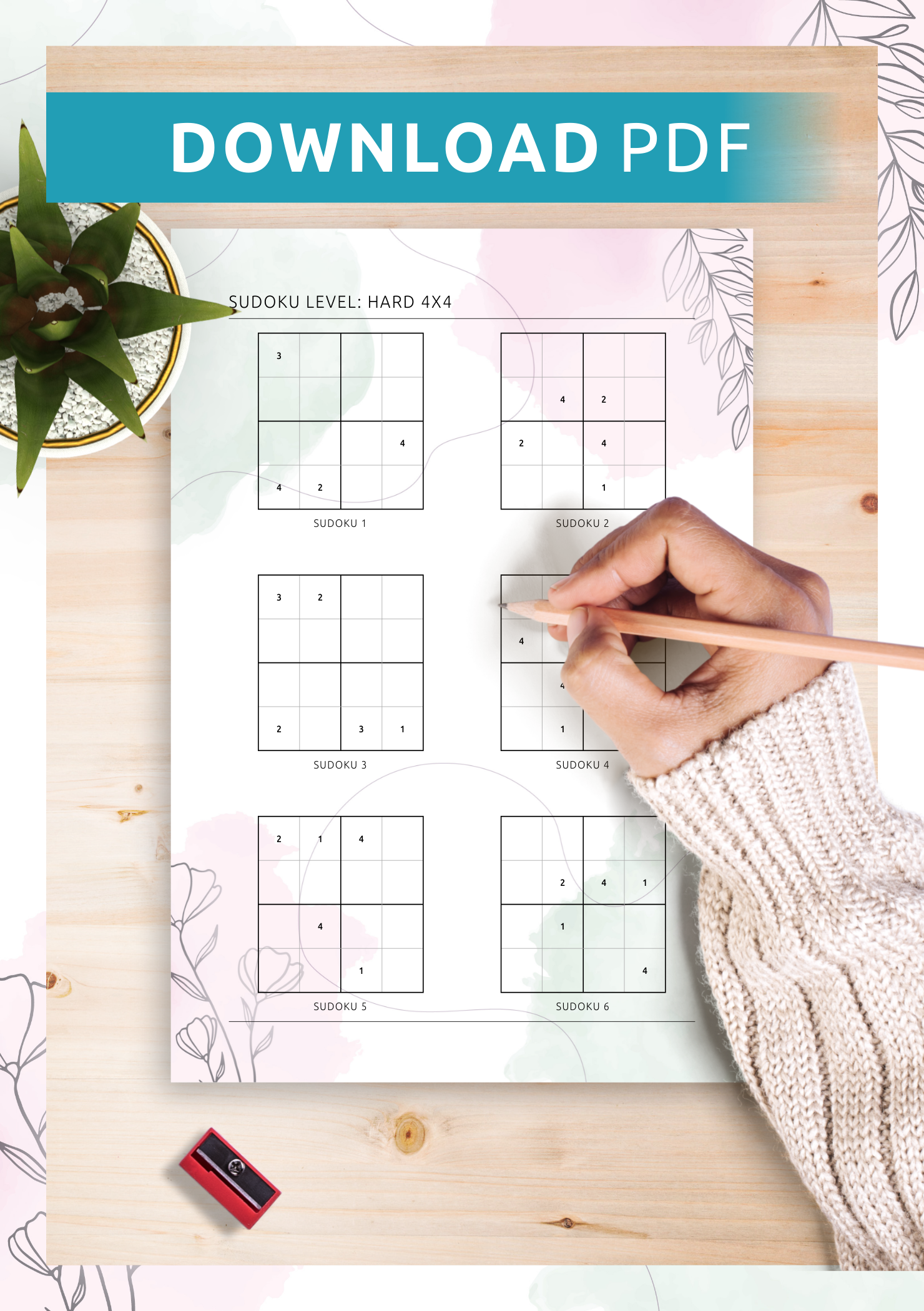 Download Printable 4x4 Hard Sudoku - Vertical (6 On Page) PDF