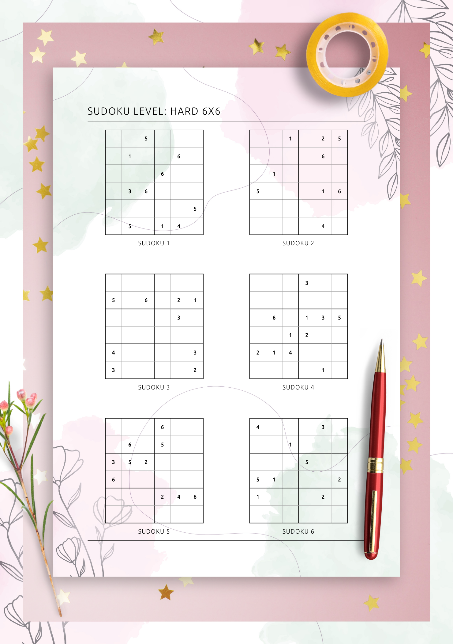 Download Printable 6x6 Hard Sudoku - Vertical (6 On Page) PDF