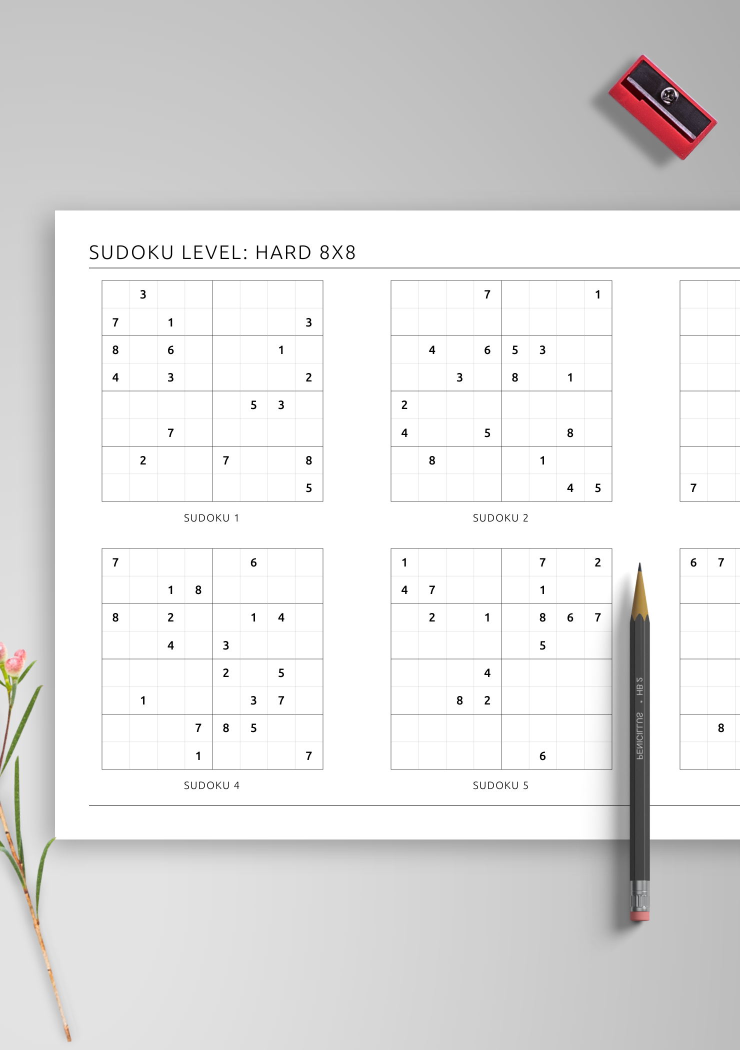 Download Printable 8x8 Hard Sudoku – Horizontal (6 On Page) PDF