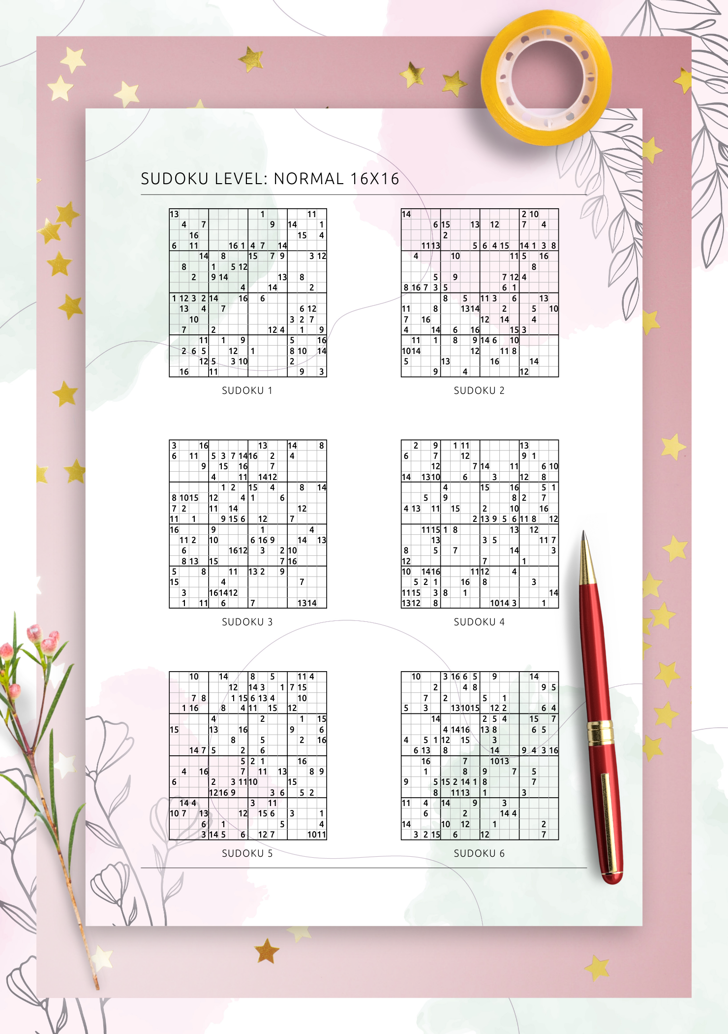 Download Printable 16x16 Medium Sudoku – Vertical (6 On Page) PDF