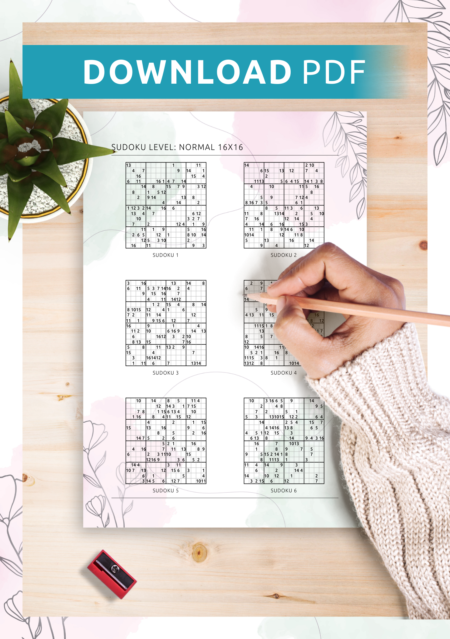 Download Printable 16x16 Medium Sudoku – Vertical (6 On Page) PDF