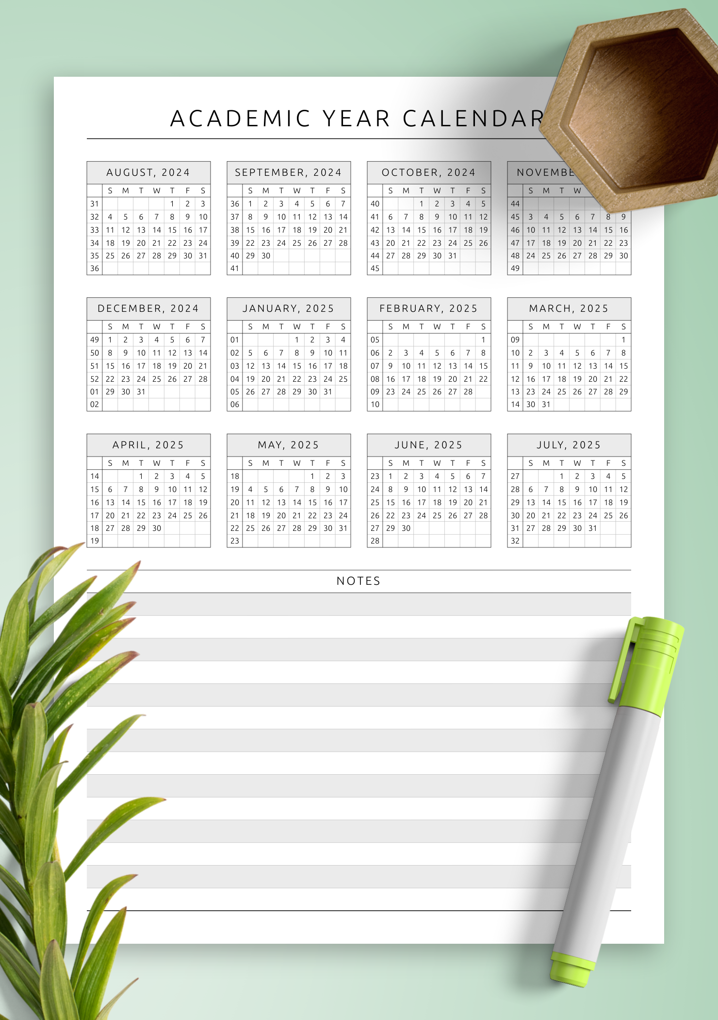 Download Printable Academic Year At-a-Glance Calendar Template PDF