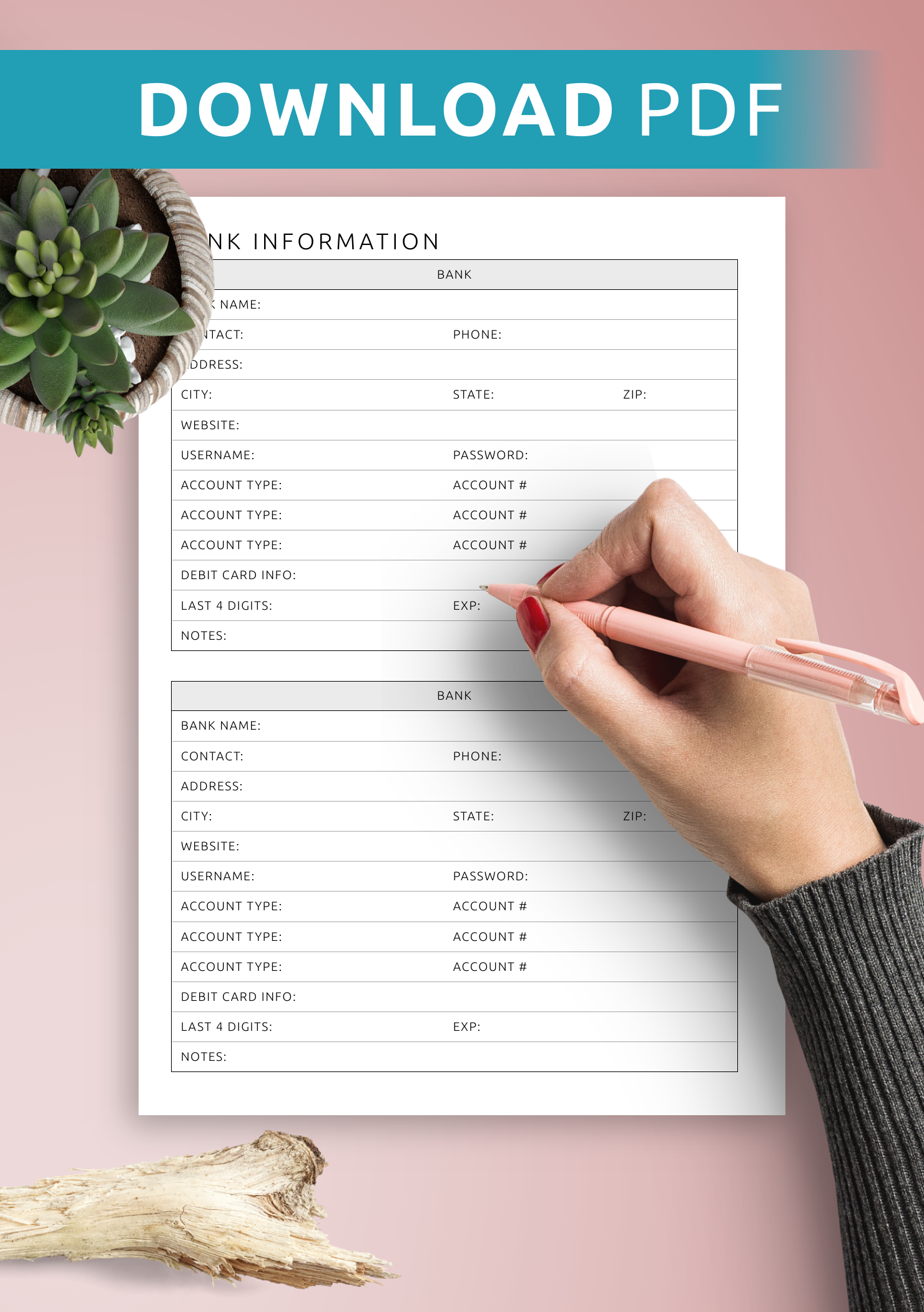 Download Printable Bank Information Template PDF