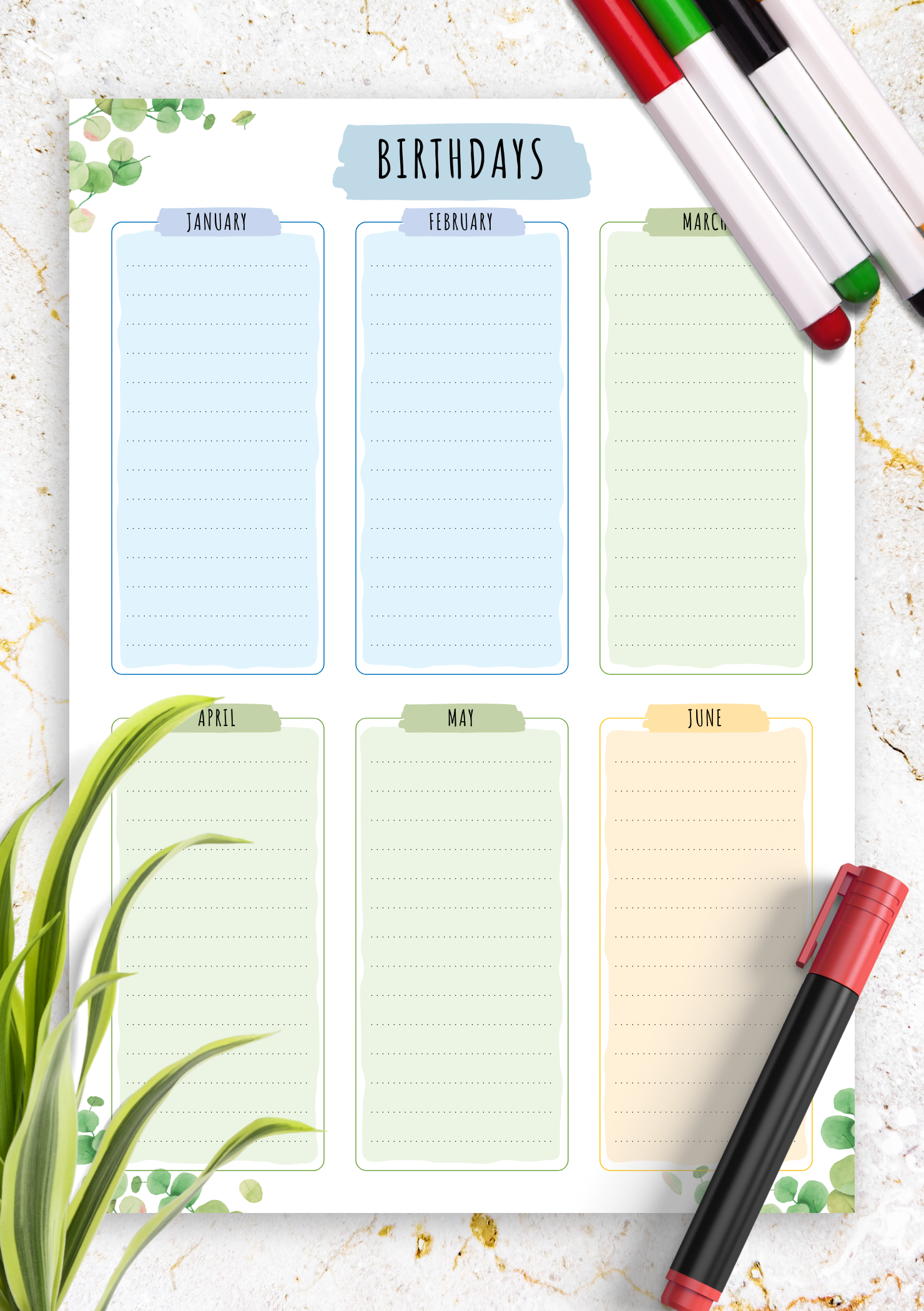 Download Printable Birthday Calendar - Floral Style PDF