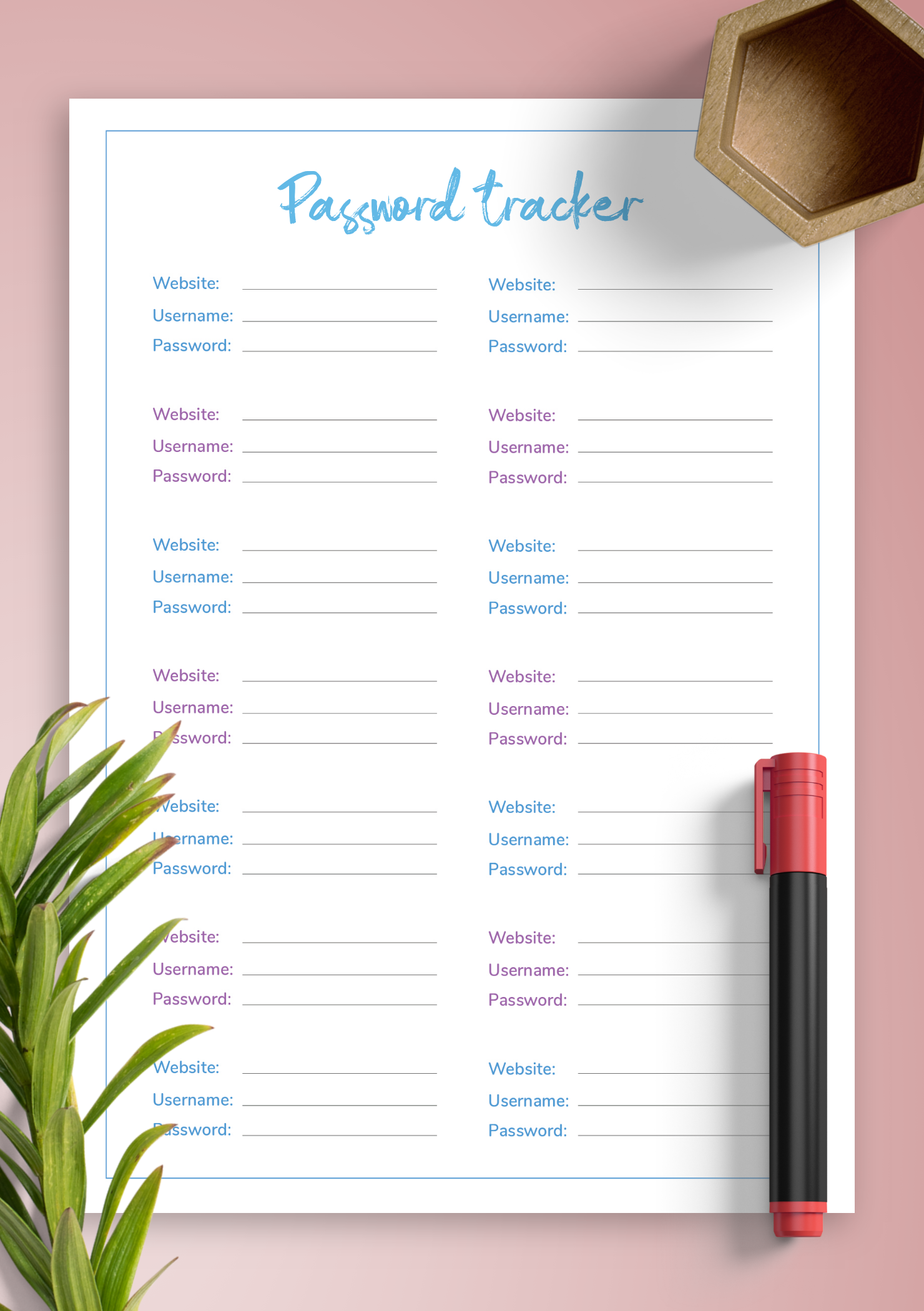 Download Printable Blue and Purple Font Password Tracker Template PDF