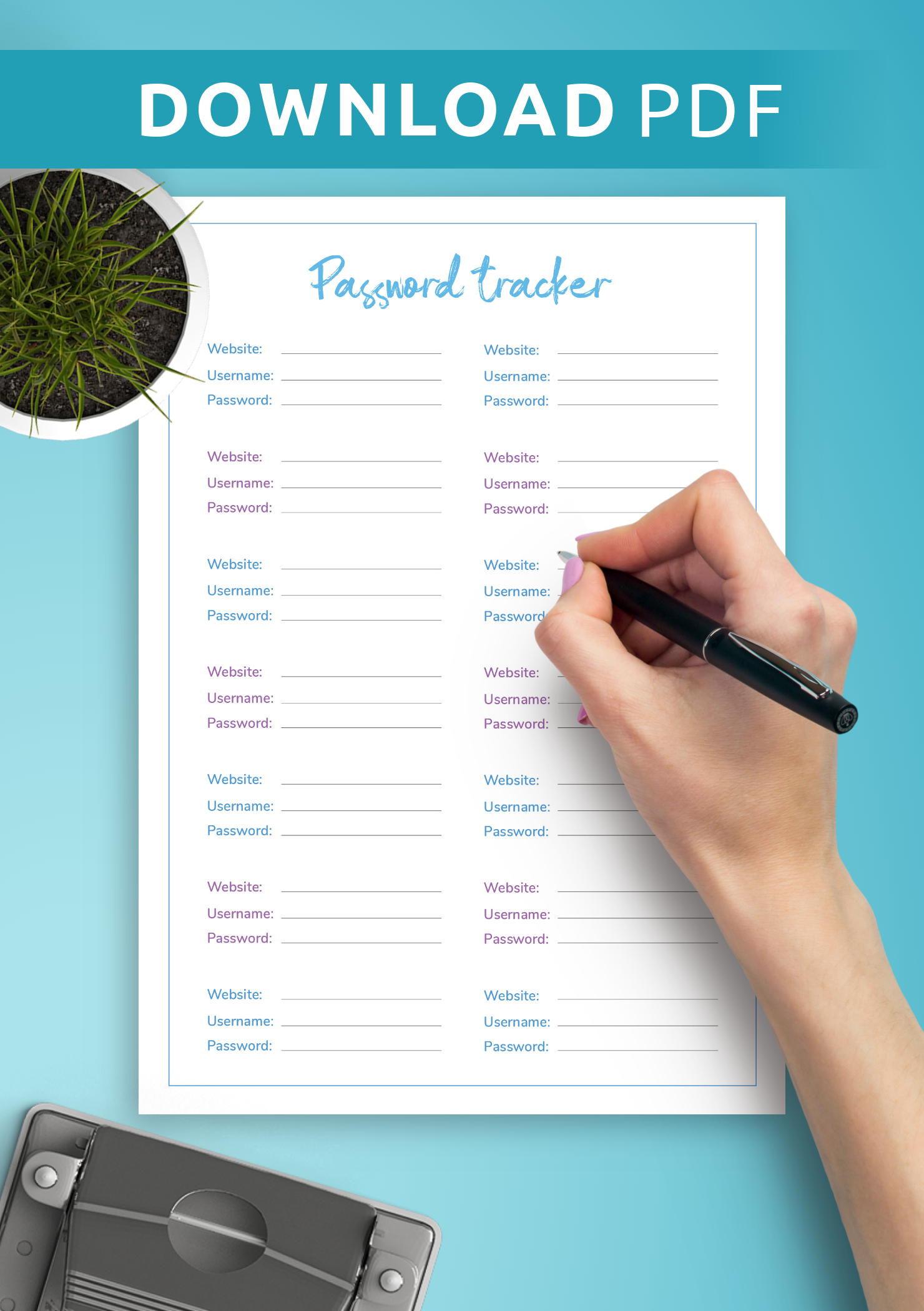 Download Printable Blue and Purple Font Password Tracker Template PDF