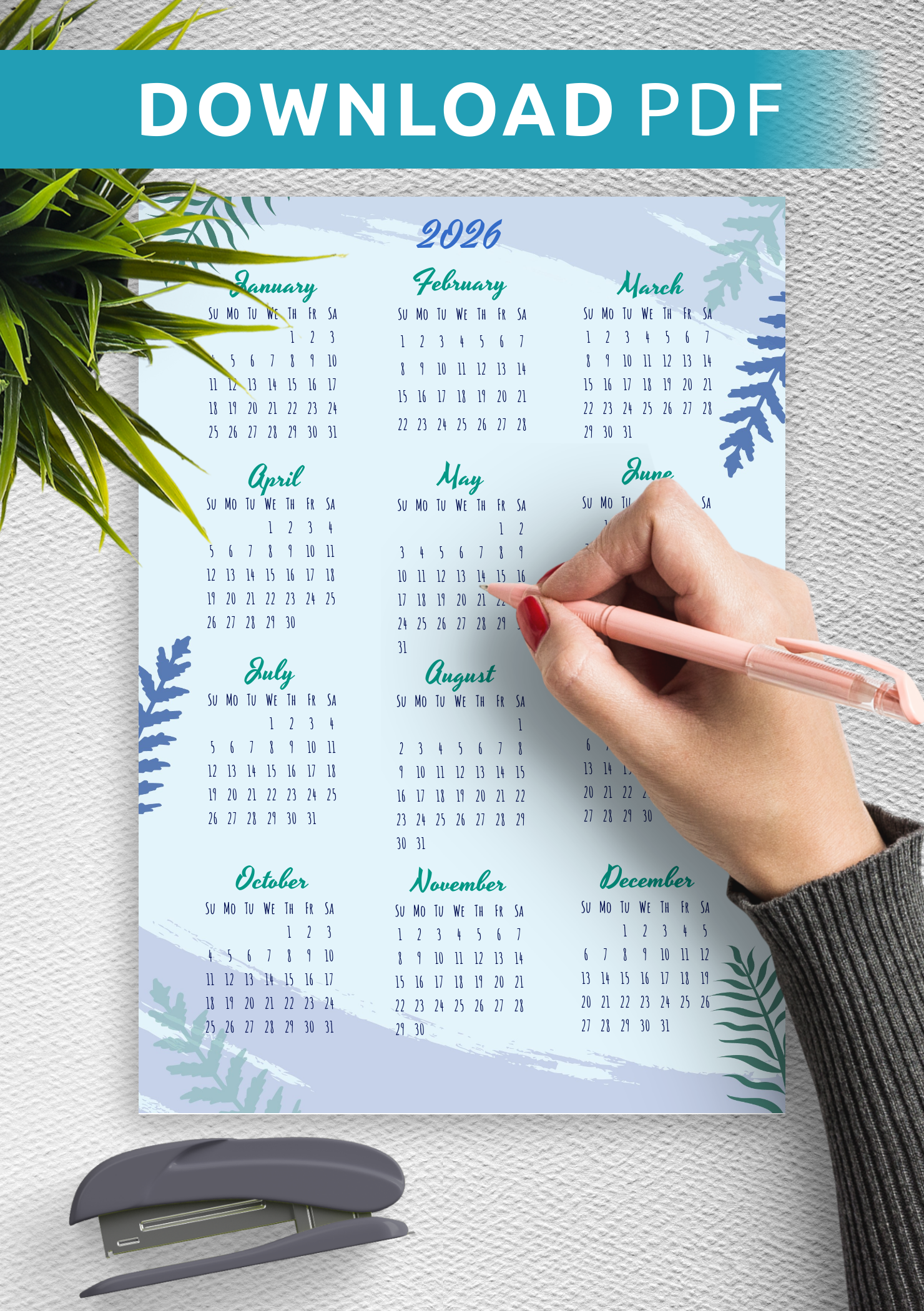 Download Printable Blue Botanical Yearly Calendar PDF