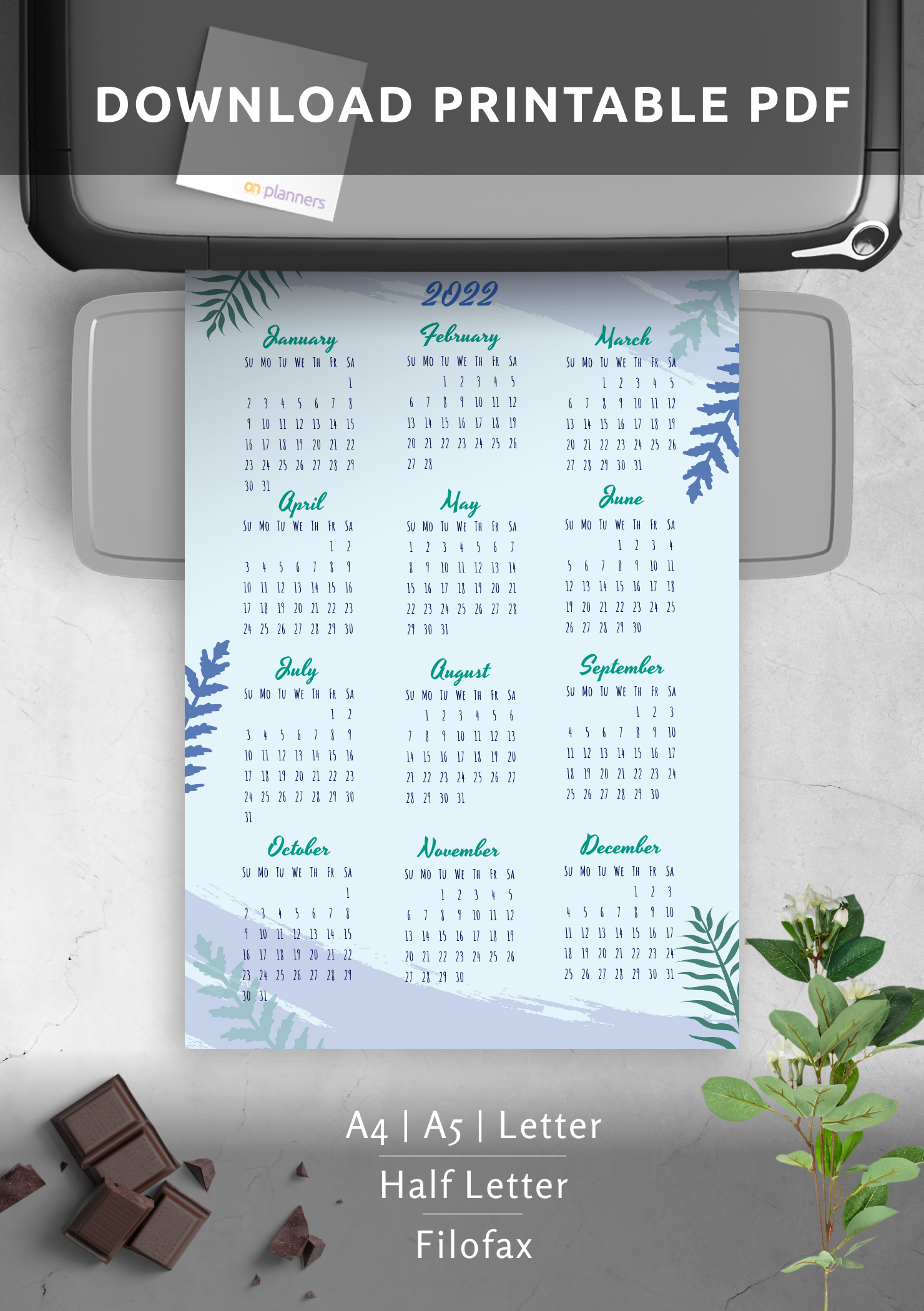 Download Printable Blue Botanical Yearly Calendar PDF