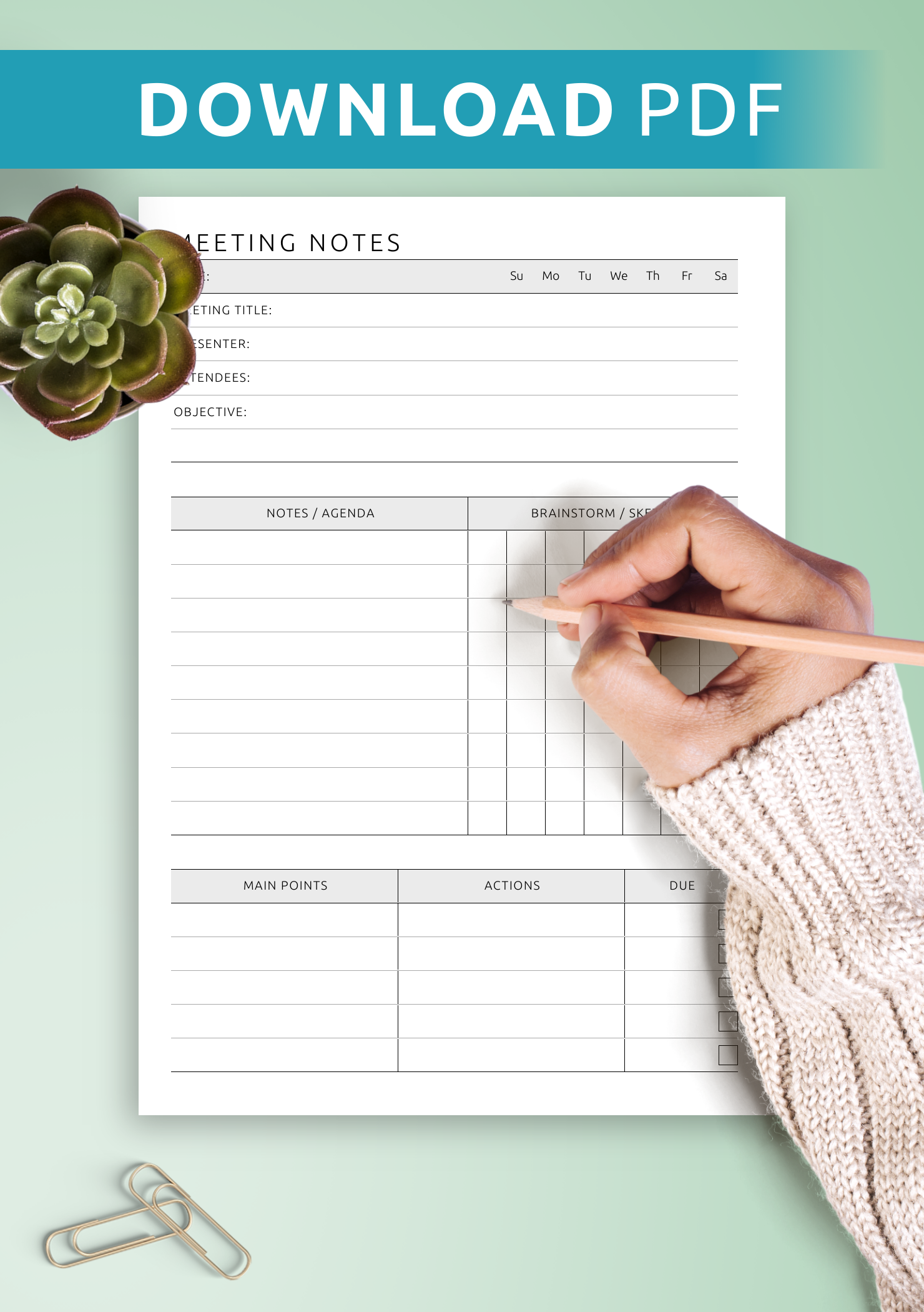 Download Printable Business Meeting Notes Template PDF