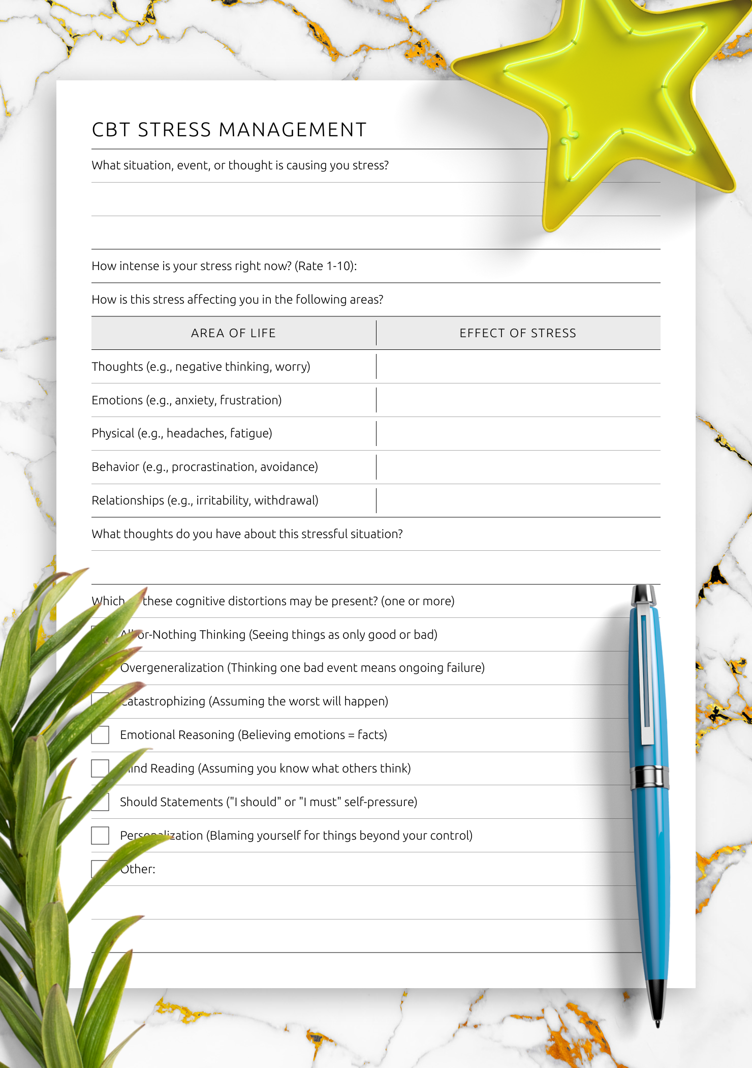 CBT Stress Management Worksheet – Reduce Anxiety & Gain Control