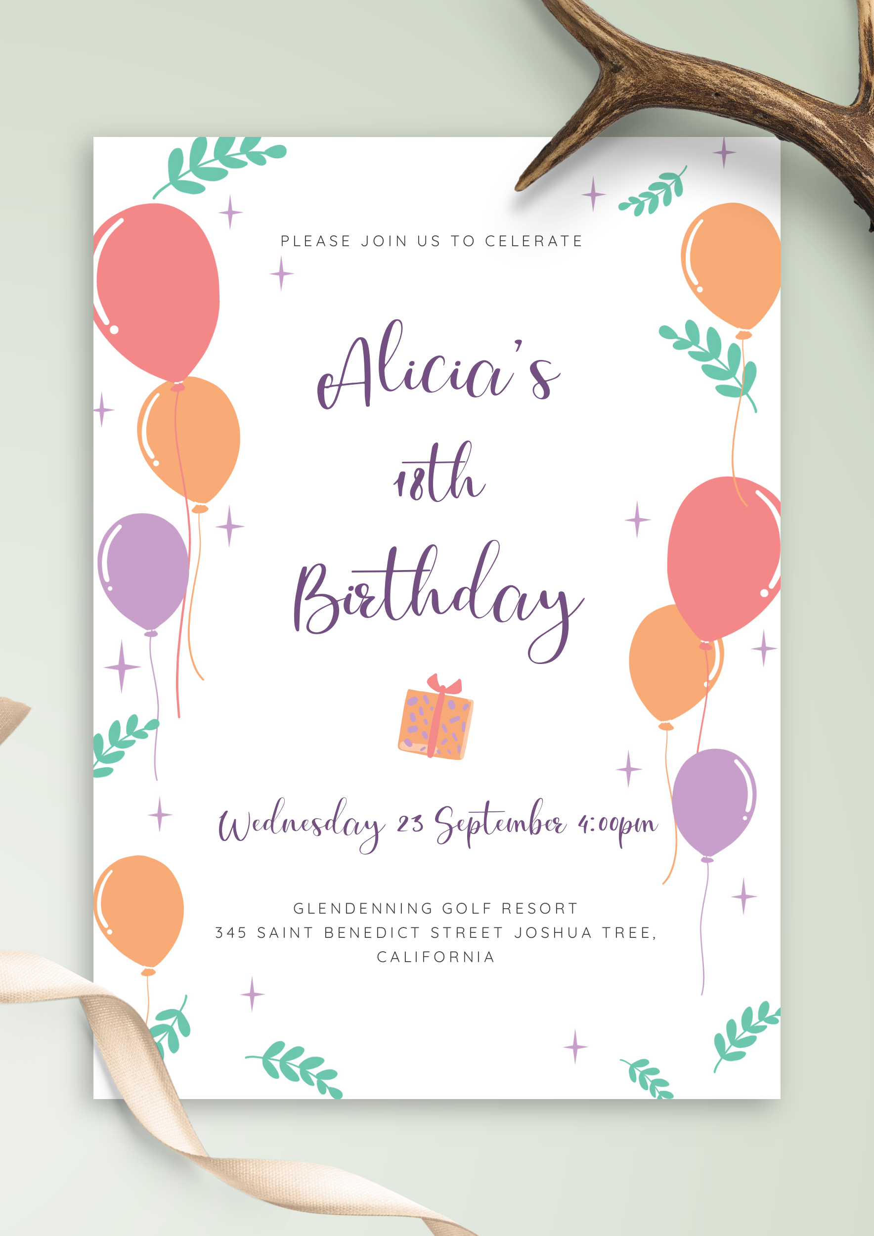 Download Printable Colored Balloons Birthday Invitation PDF