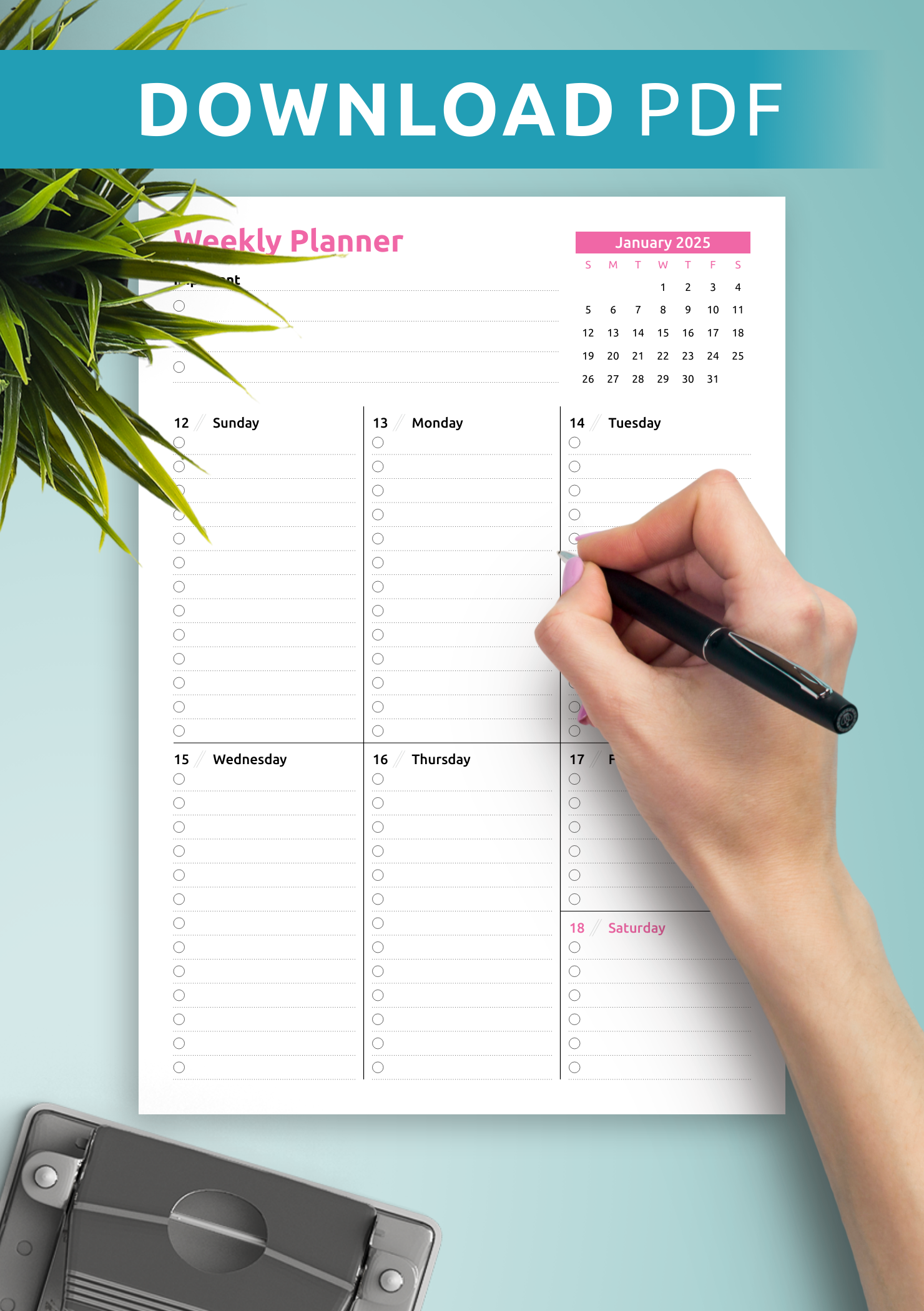 Download Printable Colored one-page weekly planner PDF