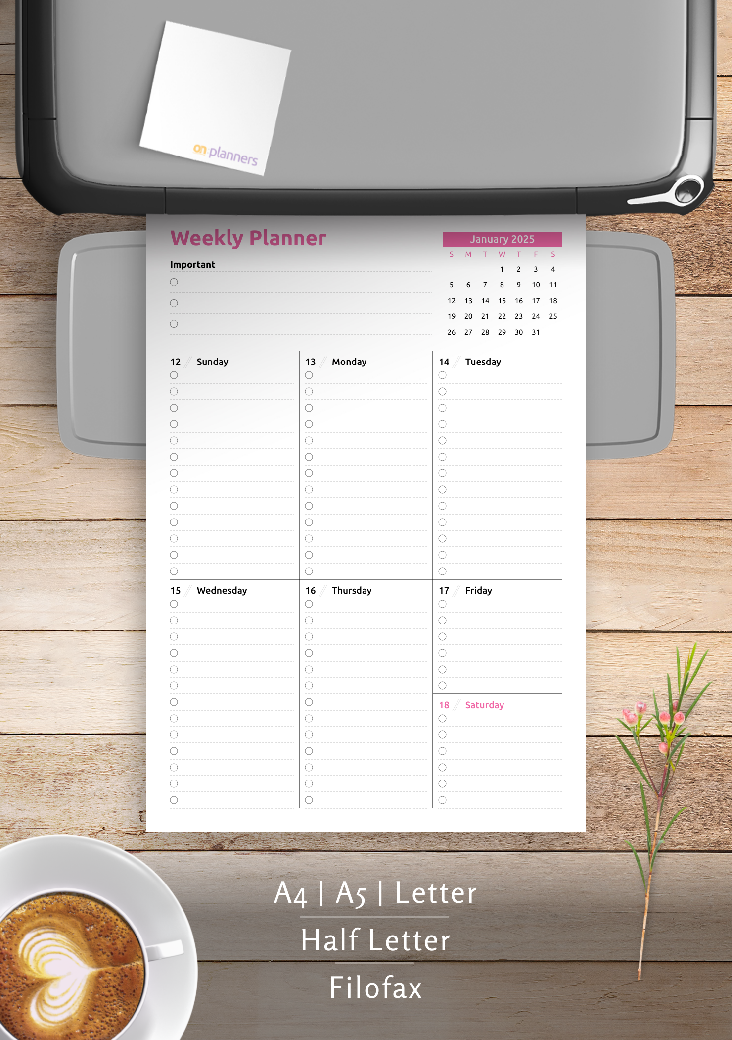 Download Printable Colored one-page weekly planner PDF