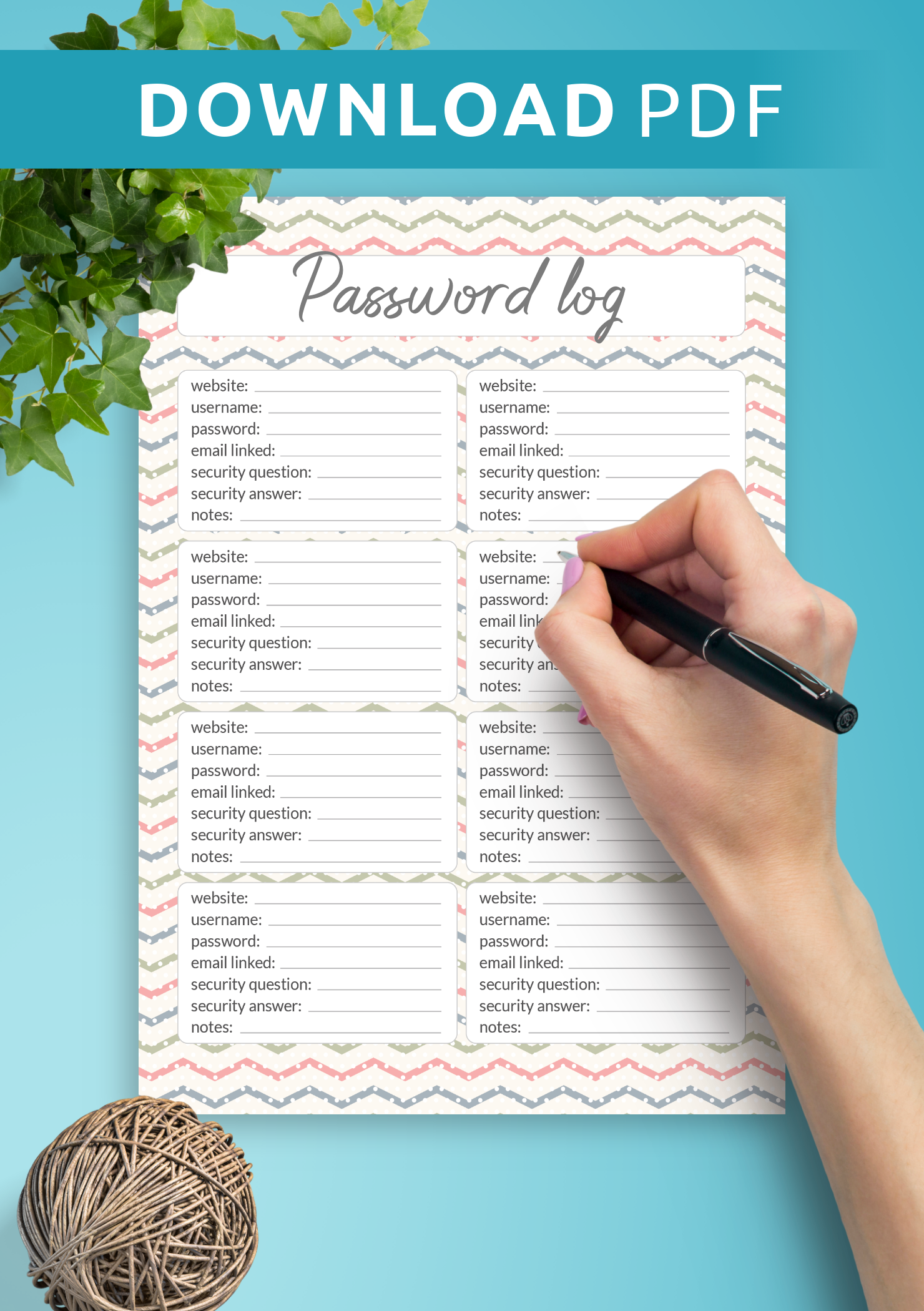 Download Printable Colored Waves Password Log Template PDF