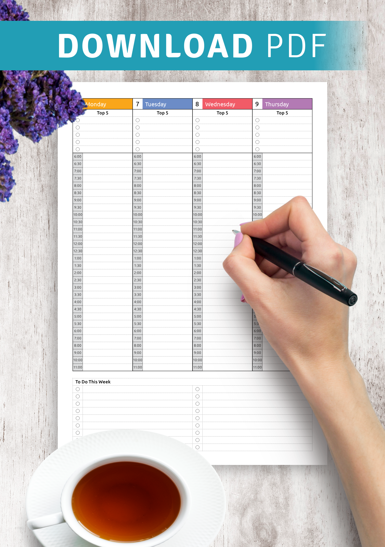 Download Printable Colored Weekly hourly planner dated PDF