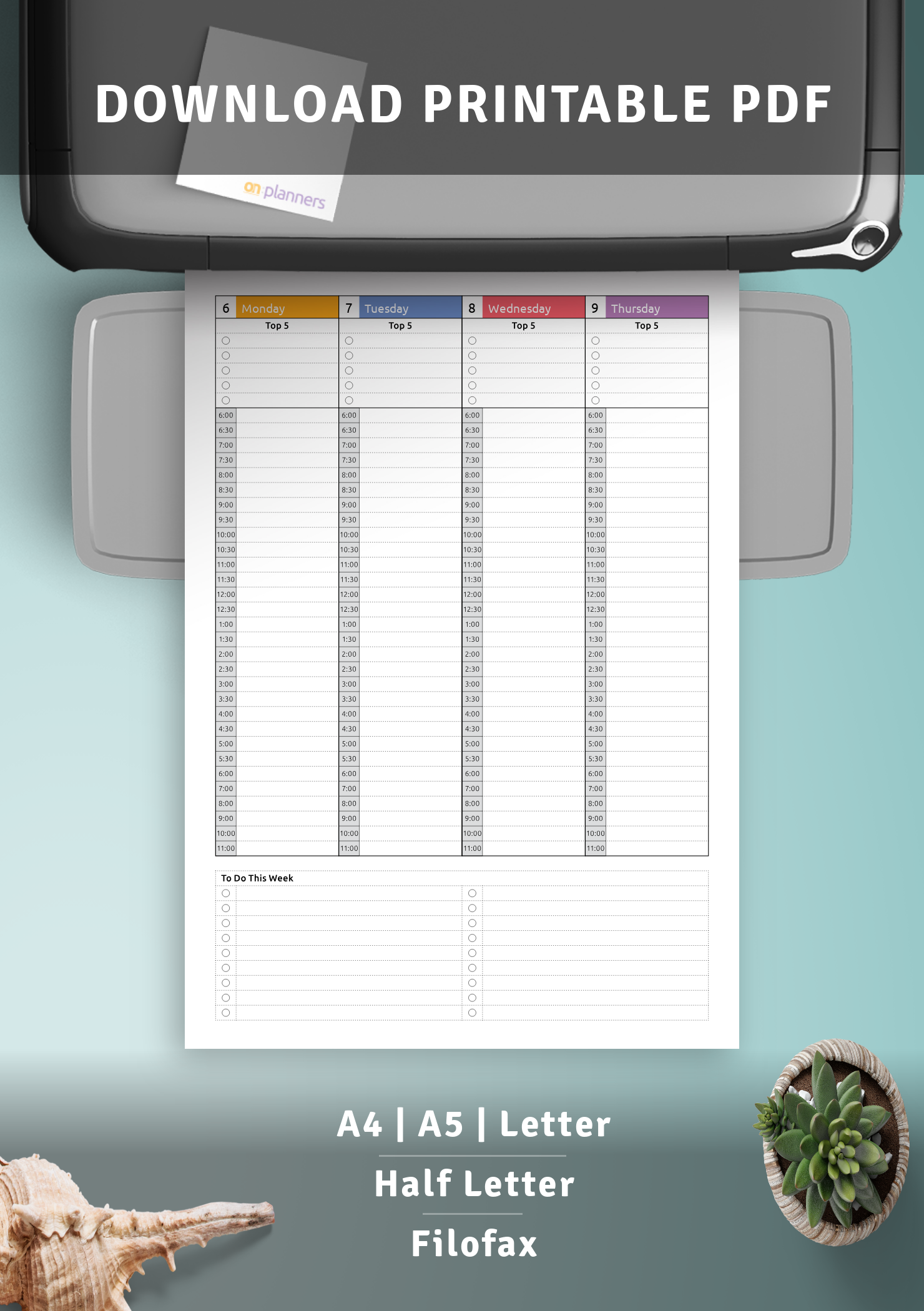 Download Printable Colored Weekly hourly planner dated PDF