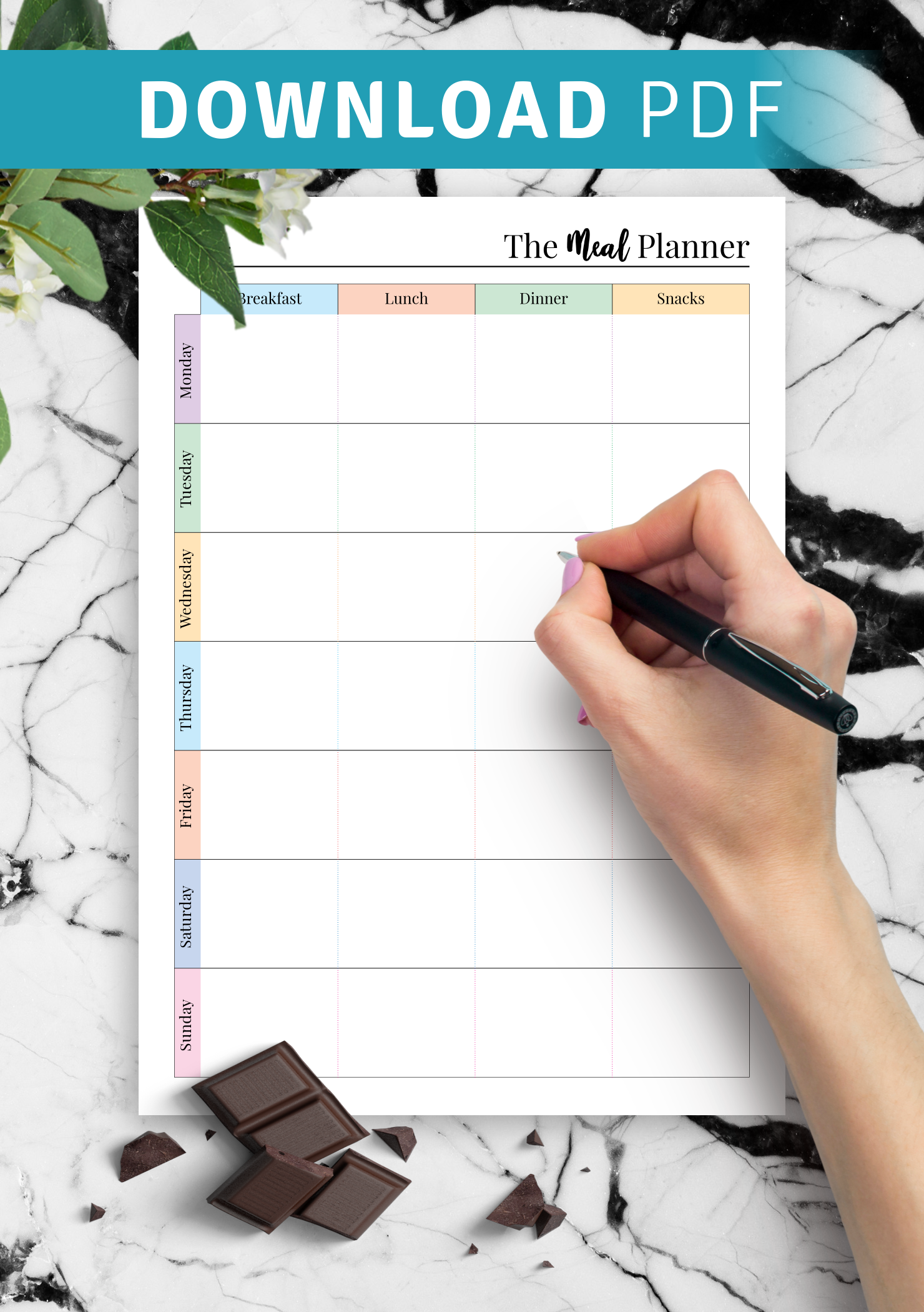 Download Printable Colorful weekly meal planner with grocery list PDF