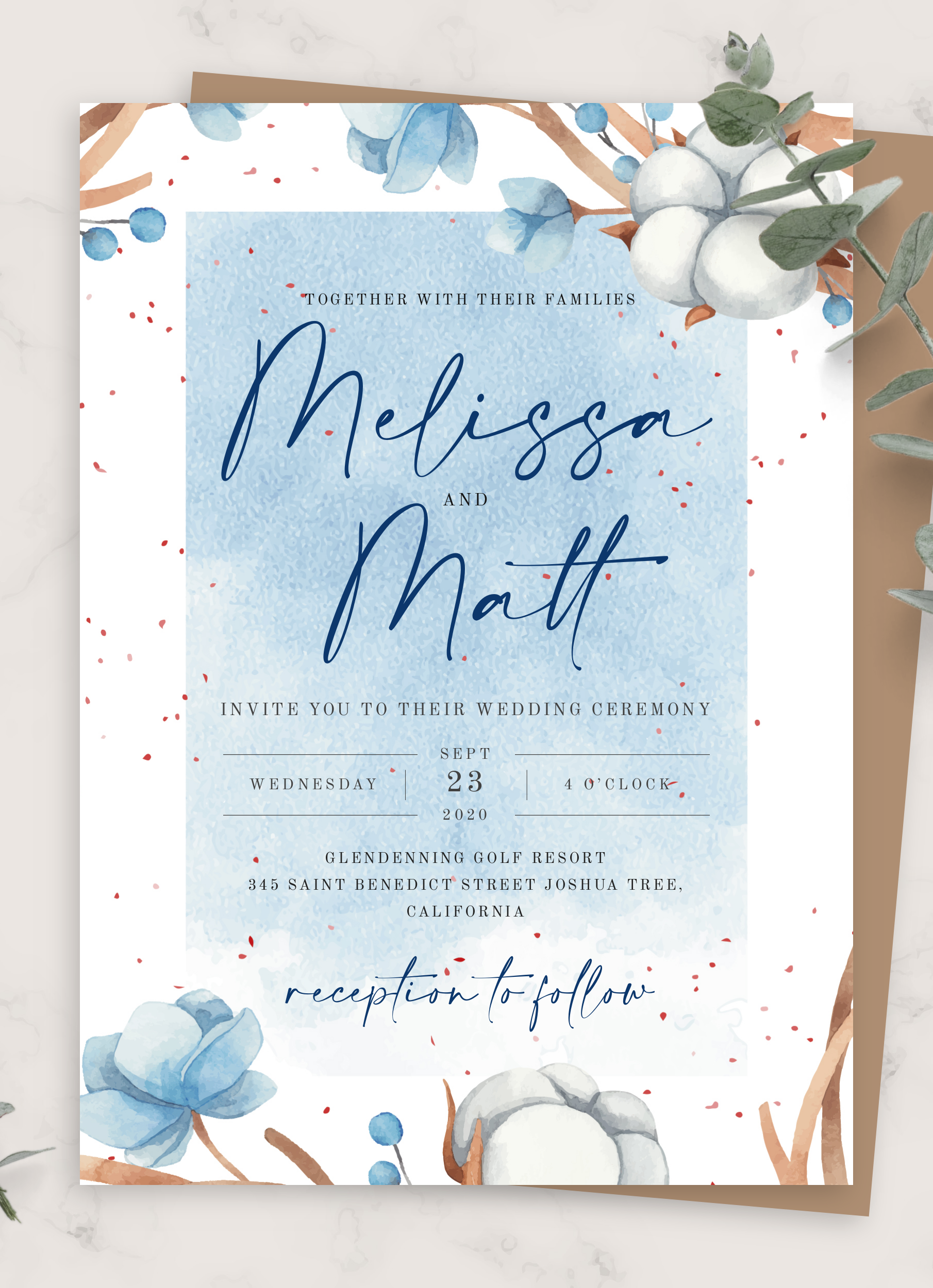 Download Printable Cotton Flowers Winter Wedding Invitation PDF