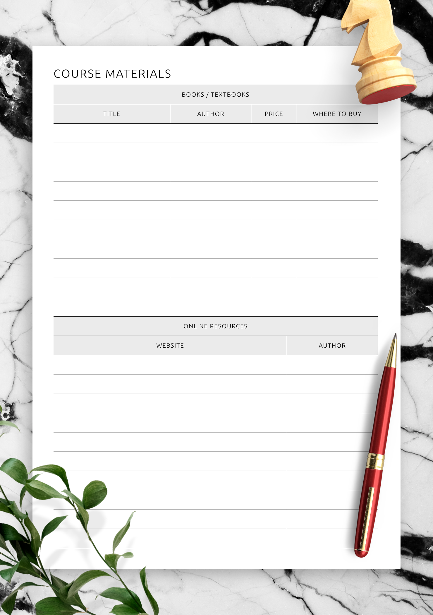 Download Printable Course Materials Template PDF