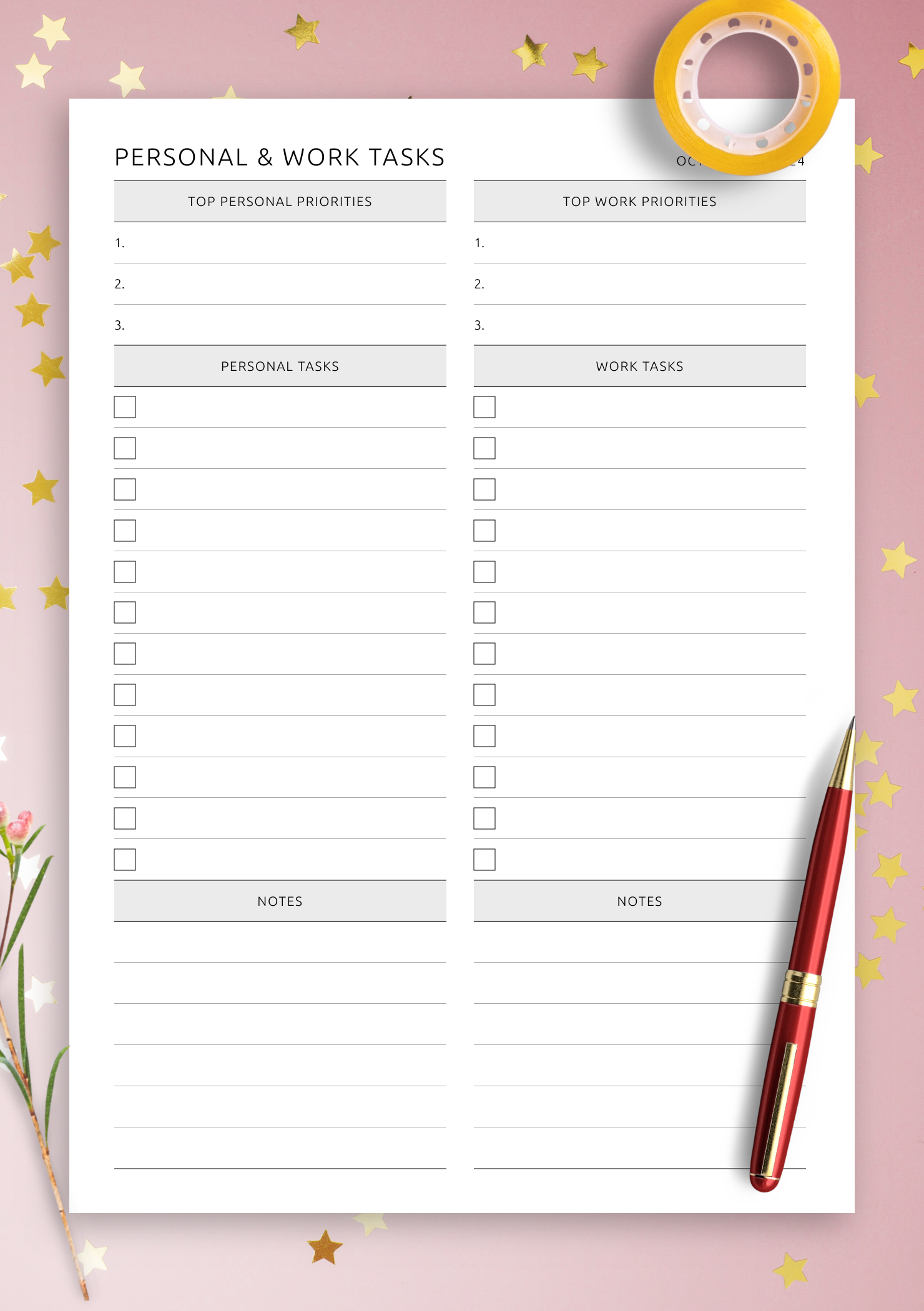 Download Printable or Digital Daily Personal & Work Tasks Template PDF