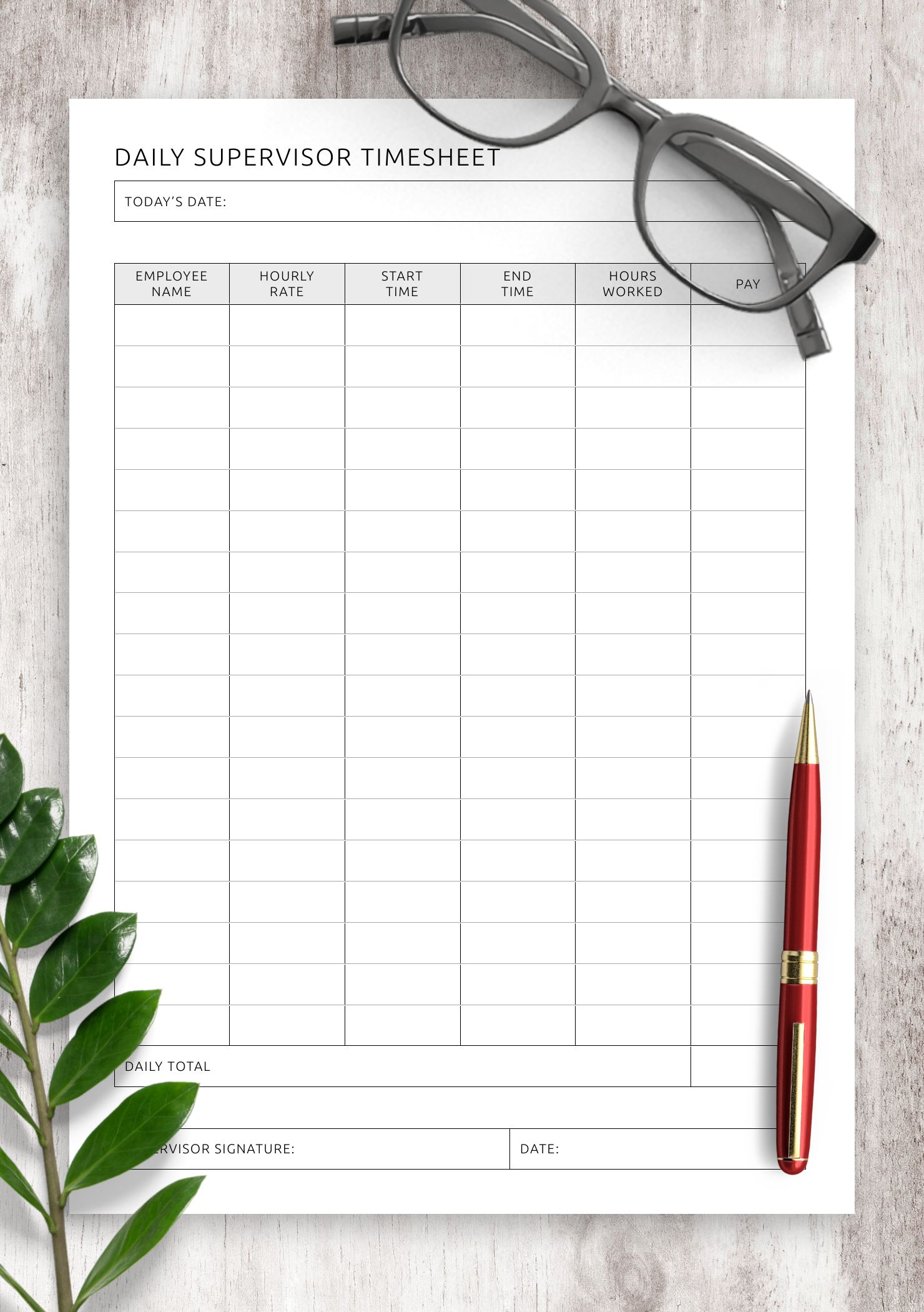 Download Printable Daily Supervisor Timesheet PDF