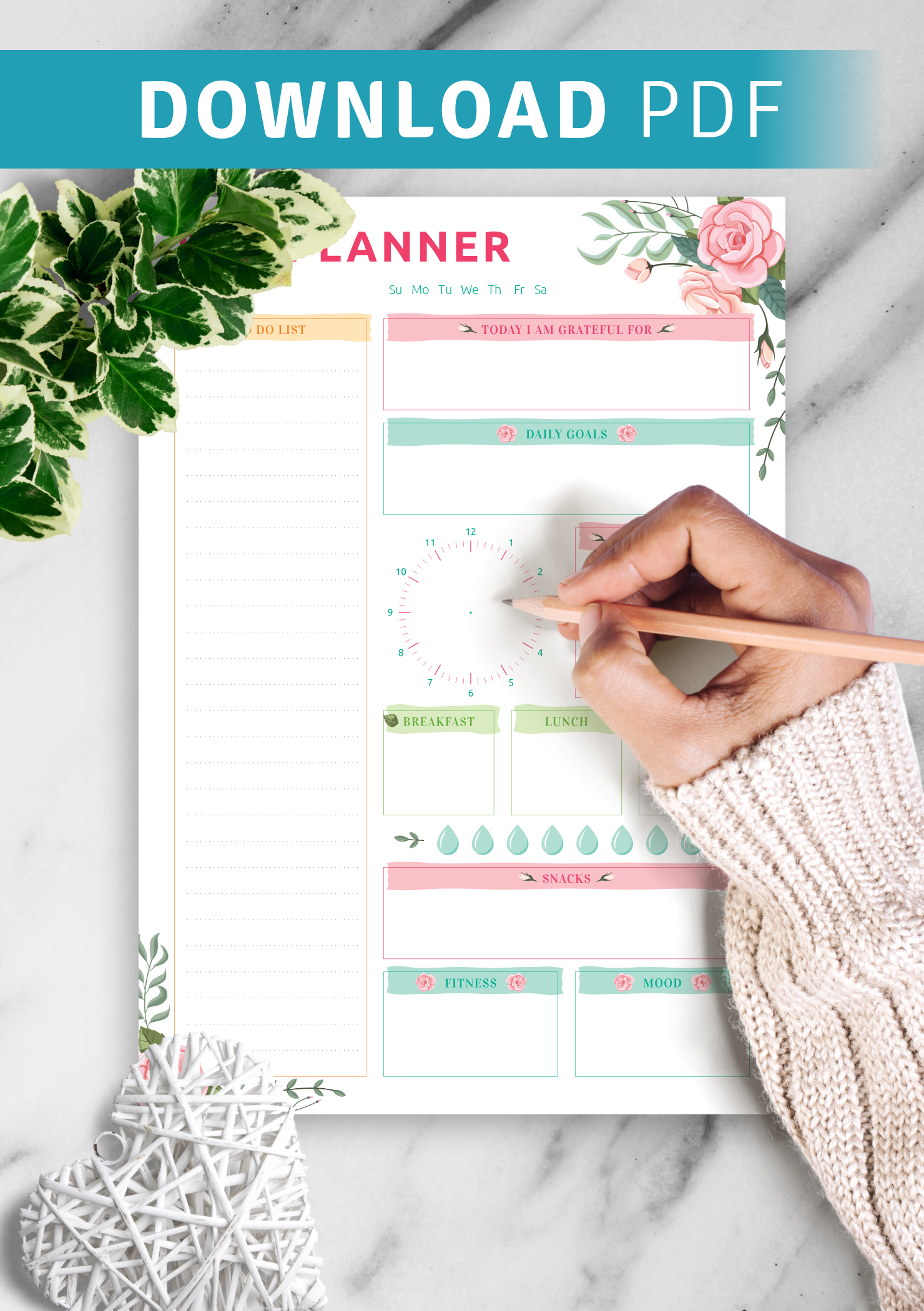 Download Printable Day Planner with Blossom Roses Pattern PDF