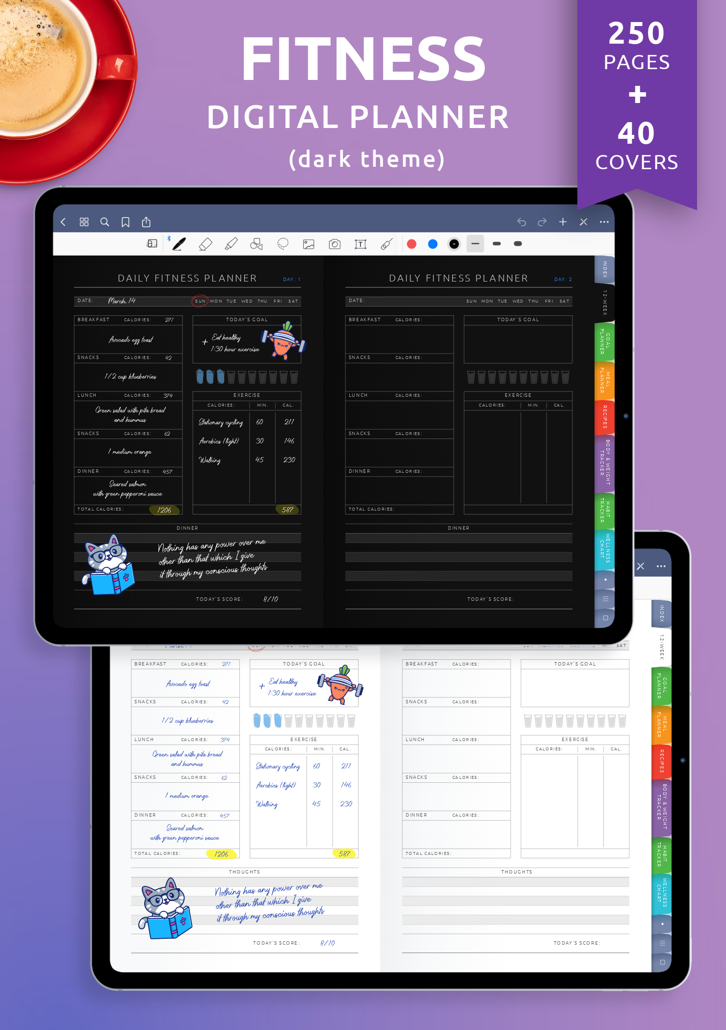 Download Digital Fitness Planner PDF for GoodNotes, iPad (Dark)