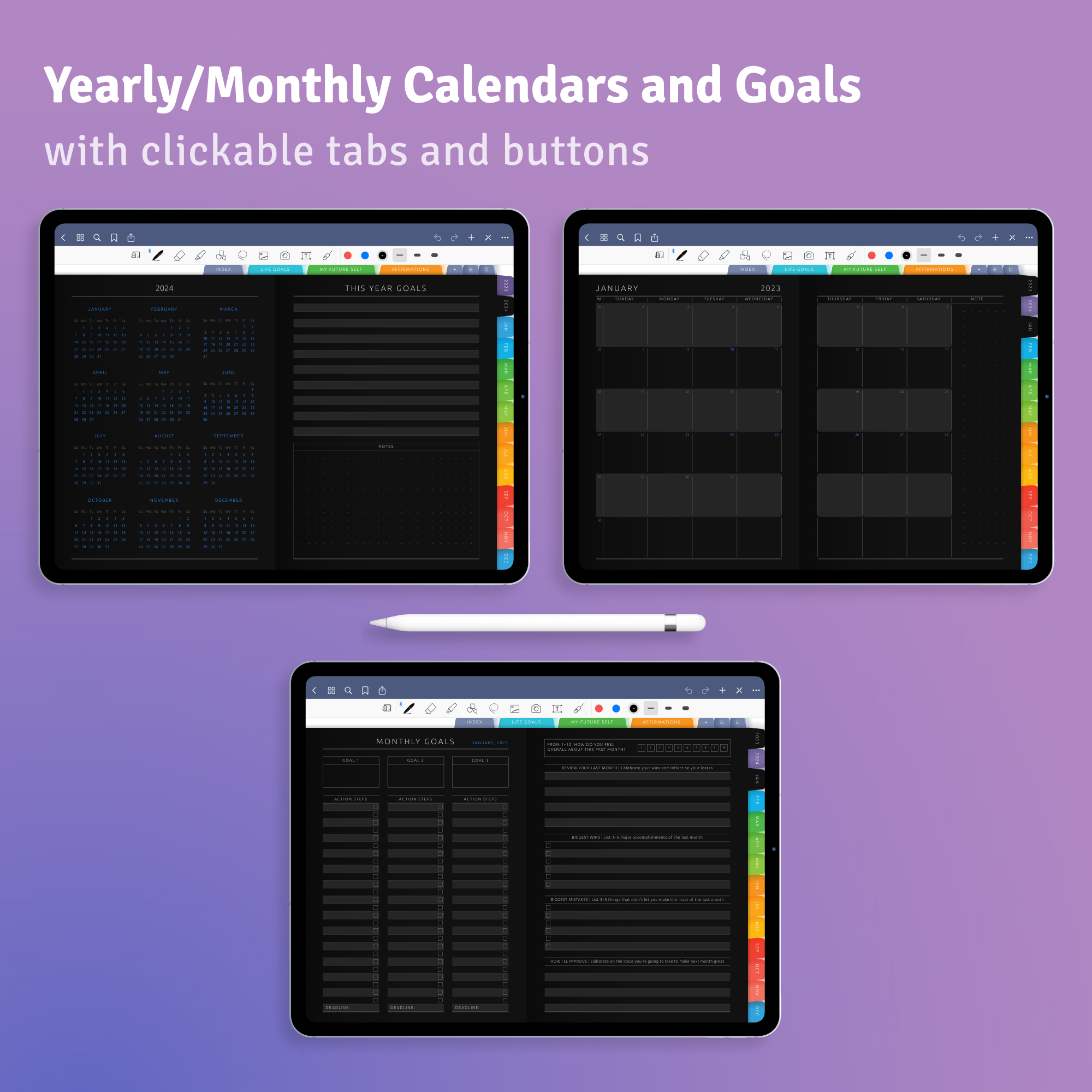 Download Digital Goal Planner PDF for GoodNotes, iPad (Dark)